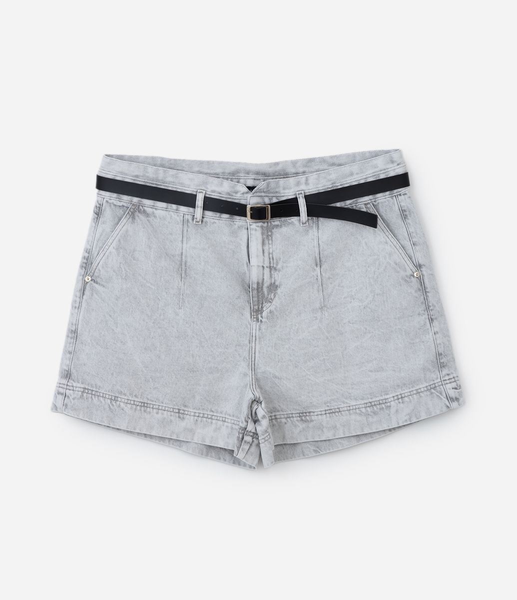 Short Evasê Jeans com Cintinho de PU Curve & Plus Size Cinza - Renner