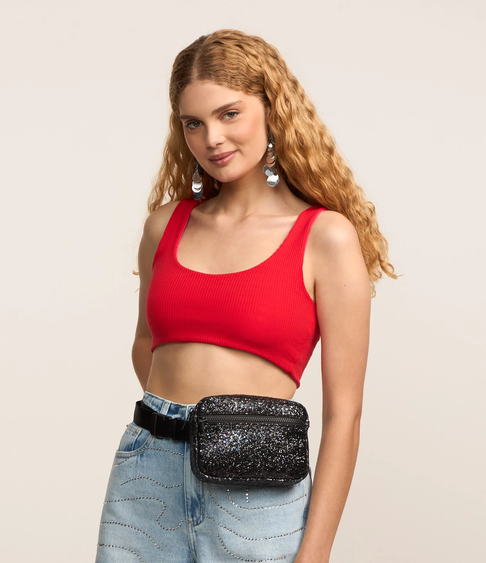 Pochete Pequena com Glitter Bolso Frontal e Alça com Gorgorão Preto