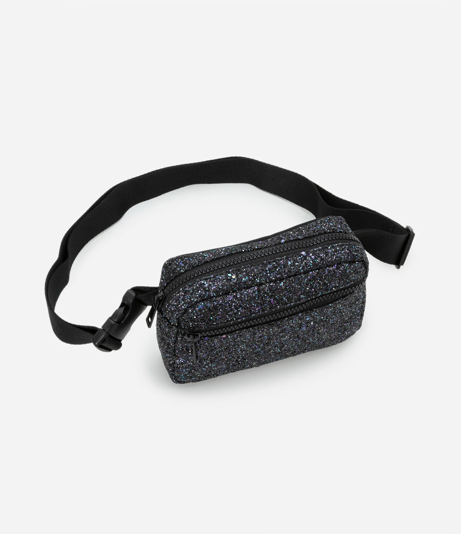 Pochete Pequena com Glitter Bolso Frontal e Alça com Gorgorão Preto