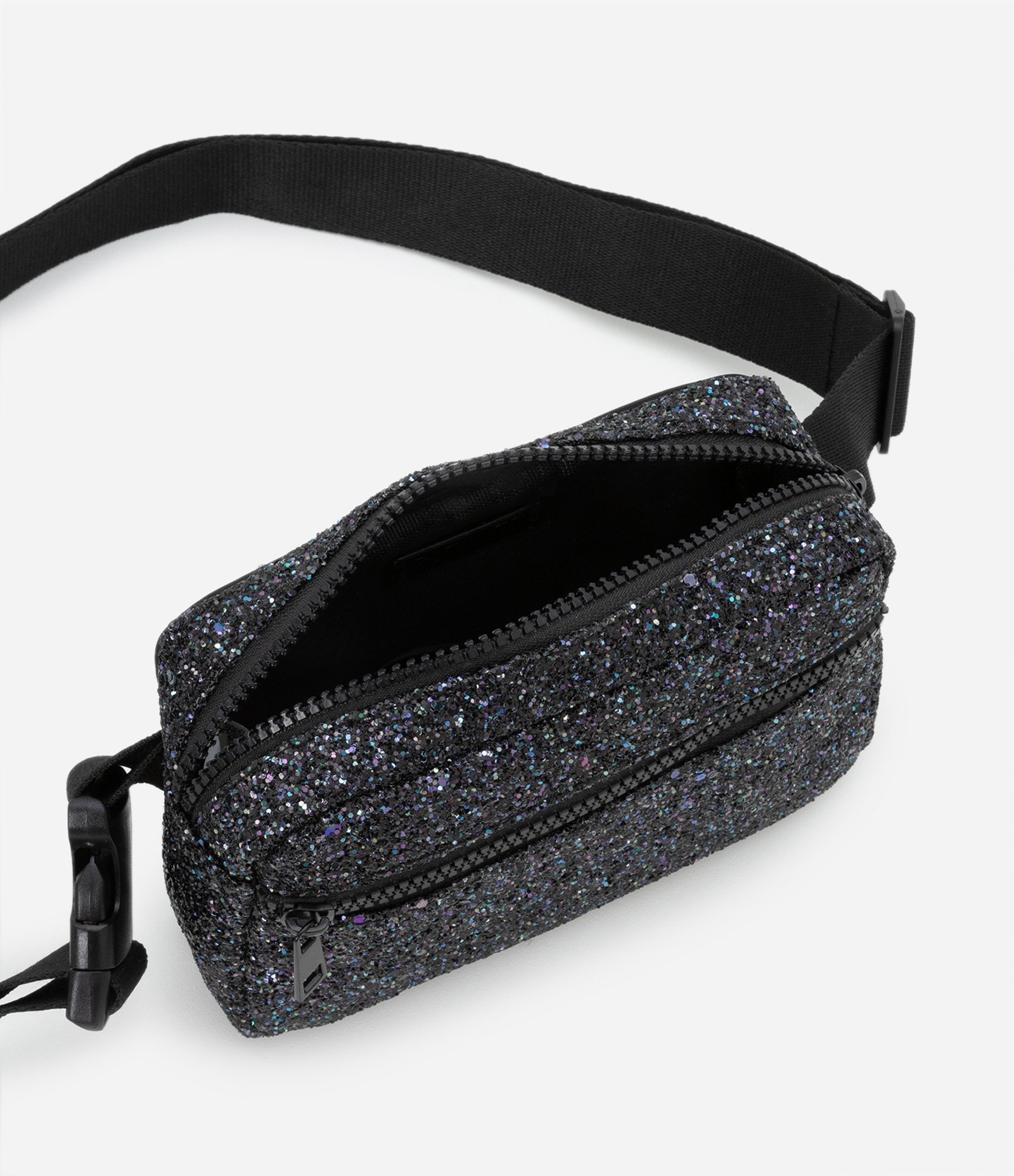 Pochete Pequena com Glitter Bolso Frontal e Alça com Gorgorão Preto