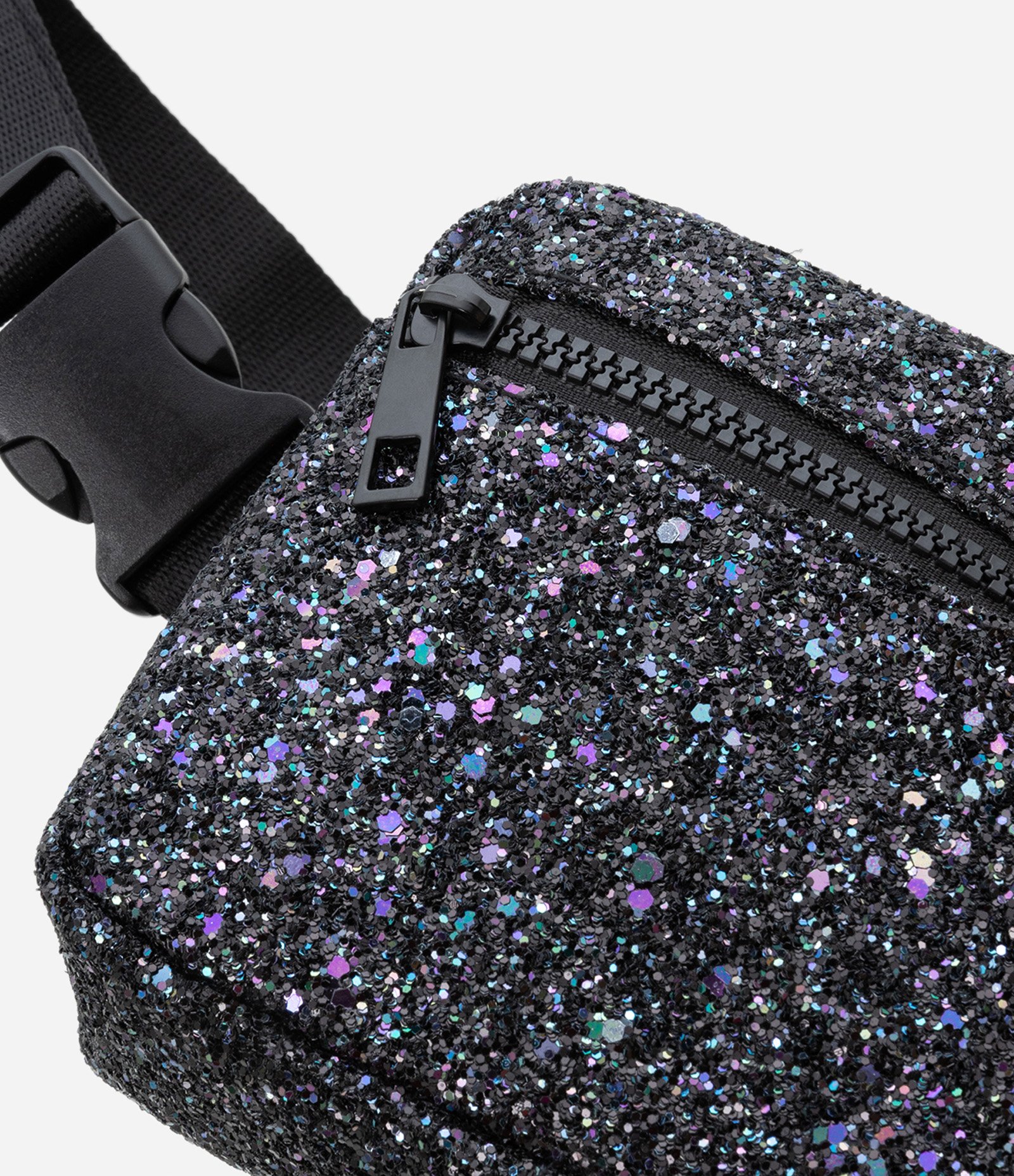 Pochete Pequena com Glitter Bolso Frontal e Alça com Gorgorão Preto