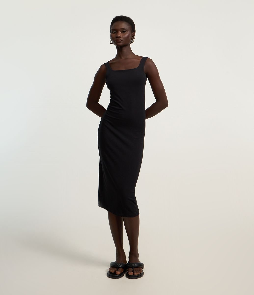 Vestido Midi em Algodão com Decote Quadrado Preto