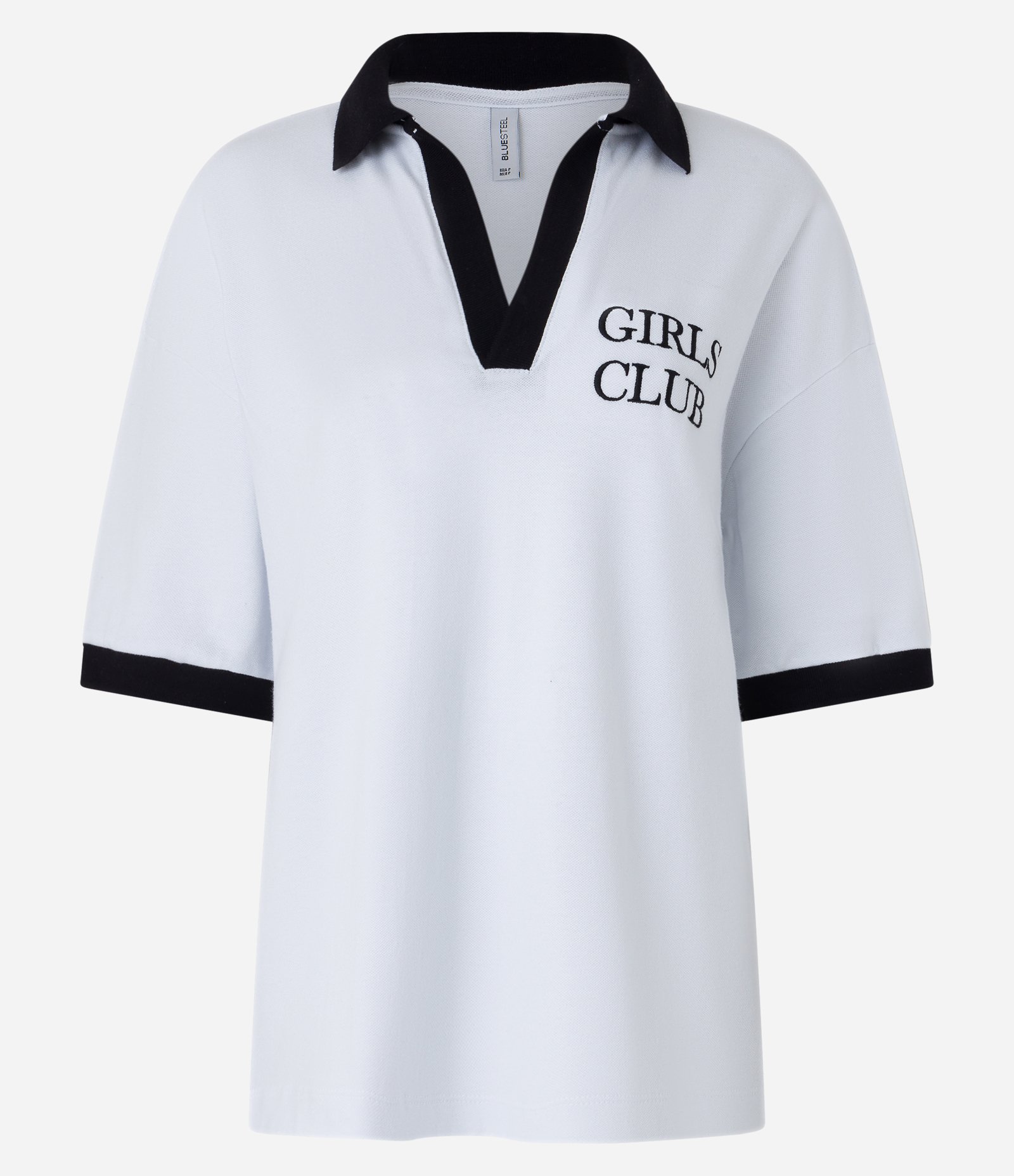 Blusa em Malha Piquet com Gola Polo e Bordado Girls Club Branco/ Preto