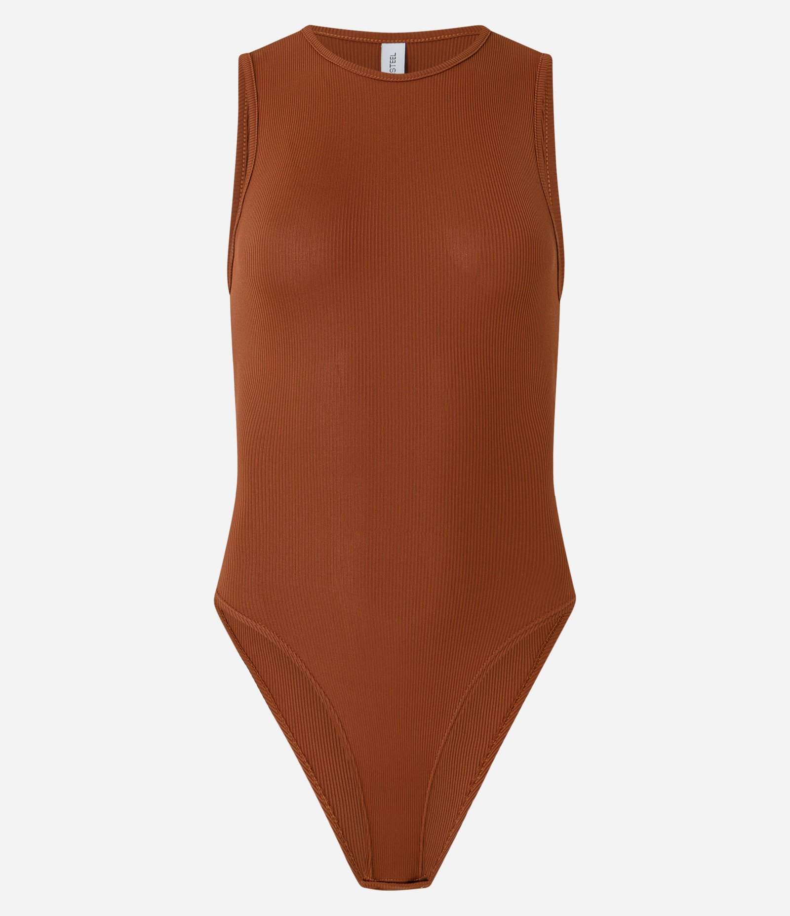 Body sem Manga em Ribana de Poliamida Marrom Caramelo