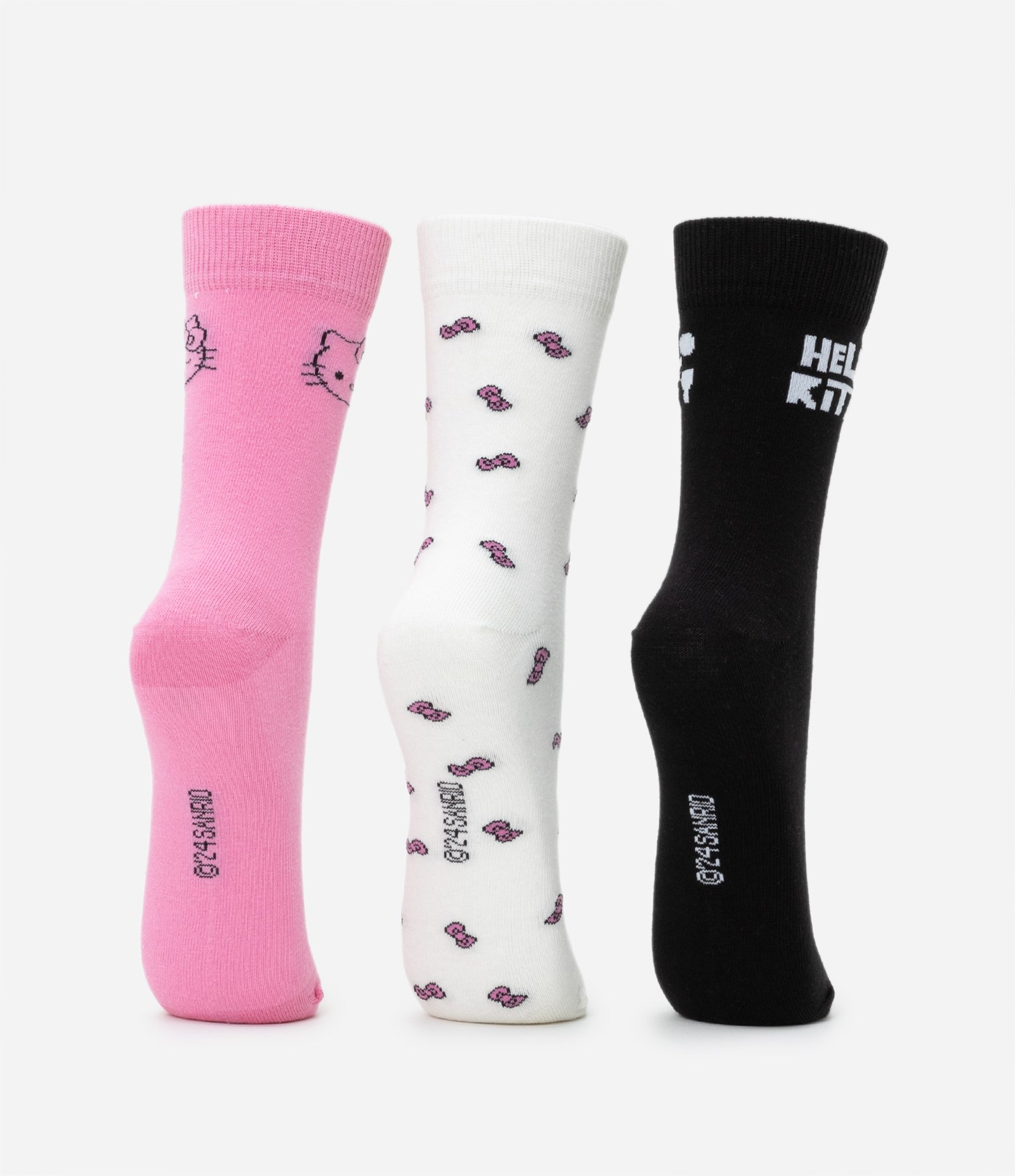 Kit 03 Meias Cano Alto em Algodão Estampa Hello Kitty Rosa/Preto/Branco