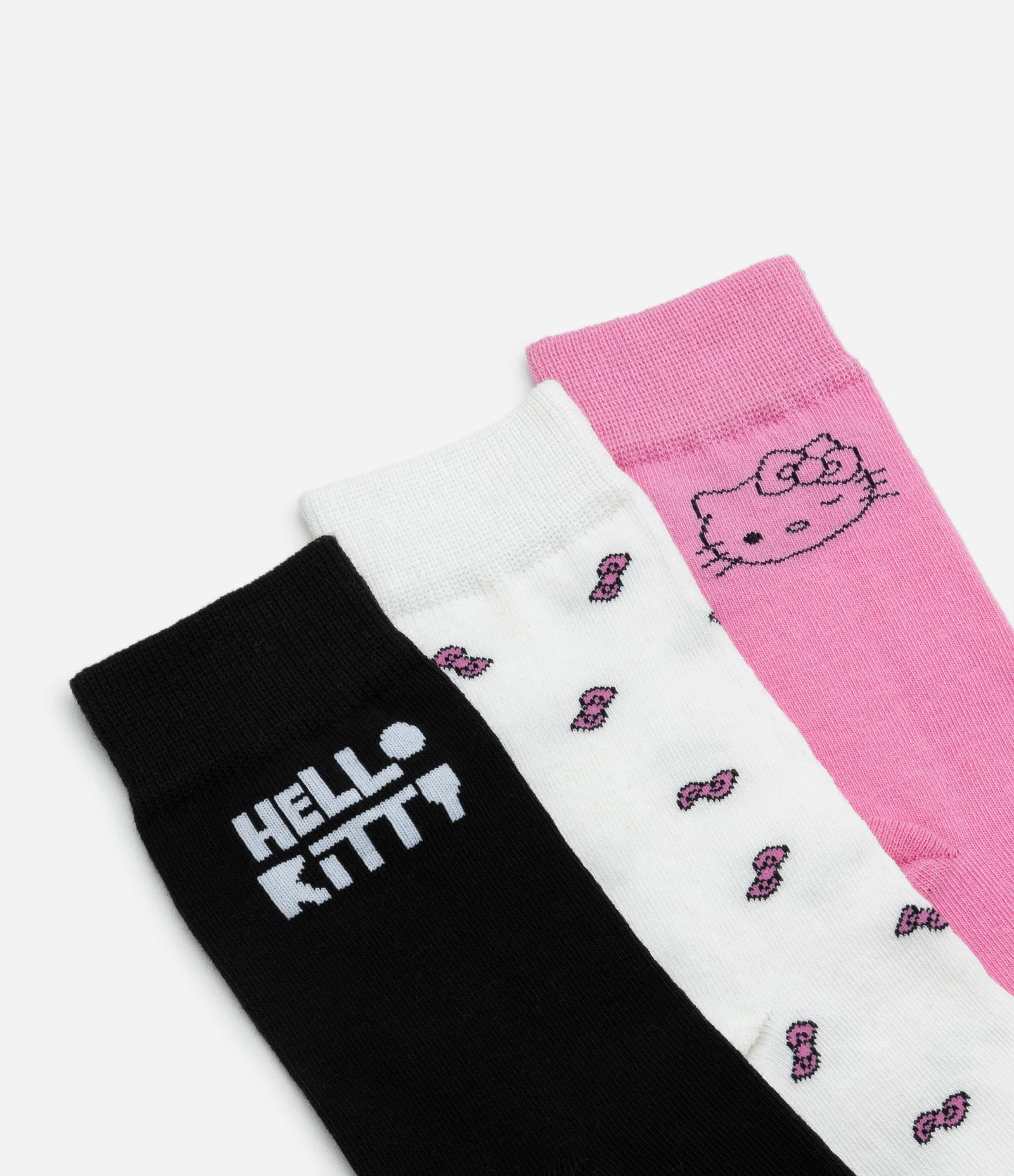 Kit 03 Meias Cano Alto em Algodão Estampa Hello Kitty Rosa/Preto/Branco