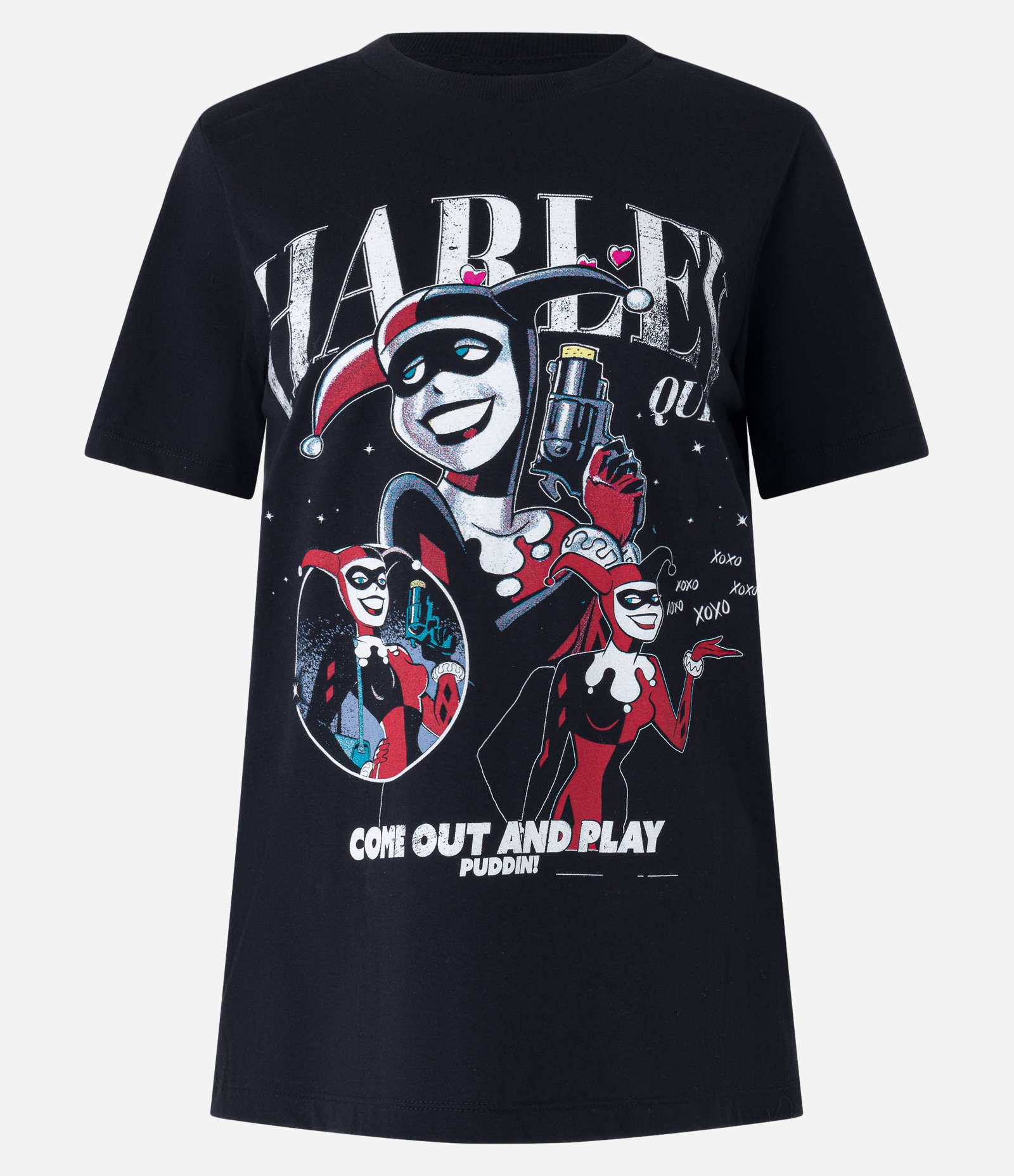 Camiseta Alongada em Algodão com Estampa Harley Quinn Preto