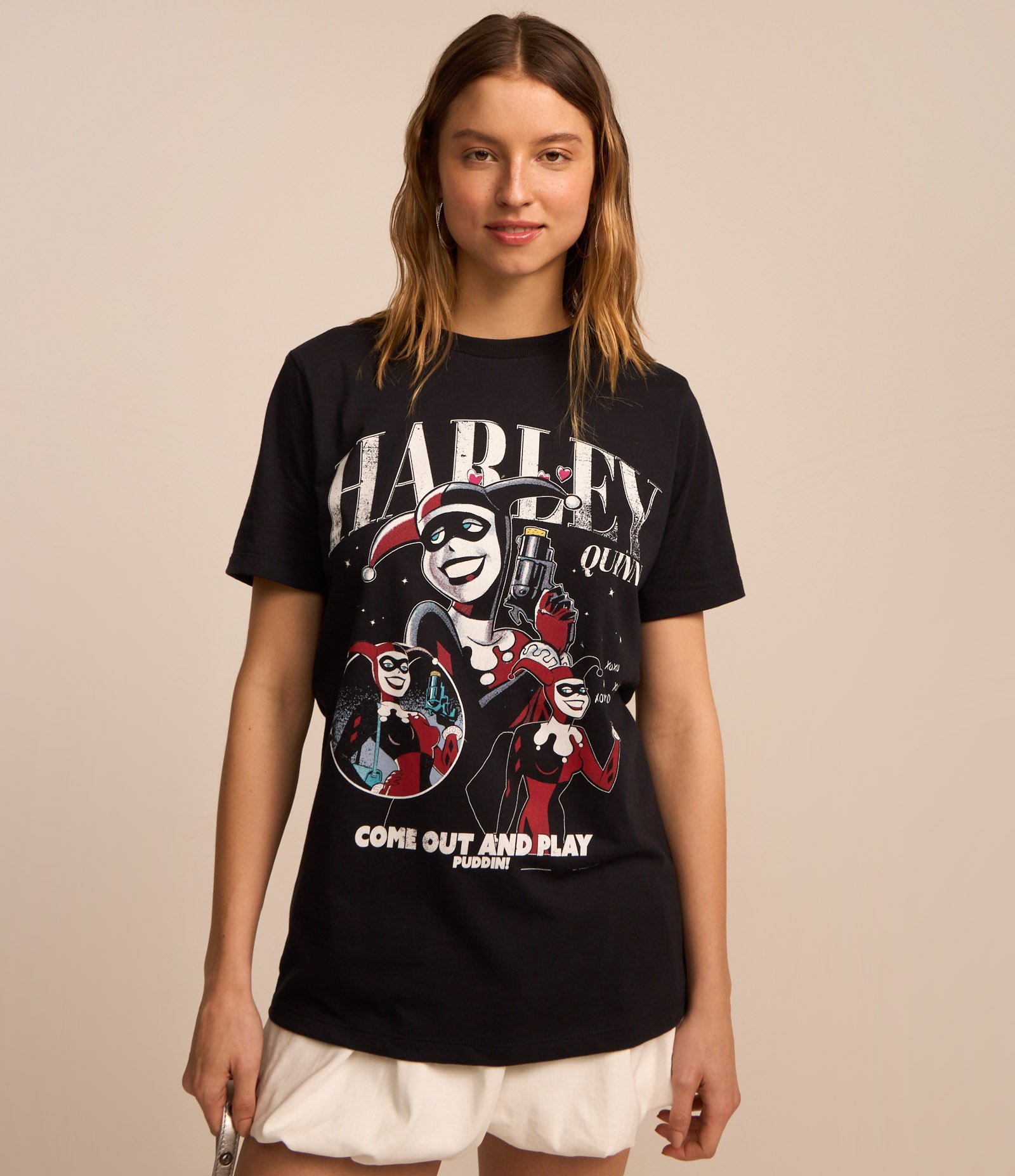 Camiseta Alongada em Algodão com Estampa Harley Quinn Preto