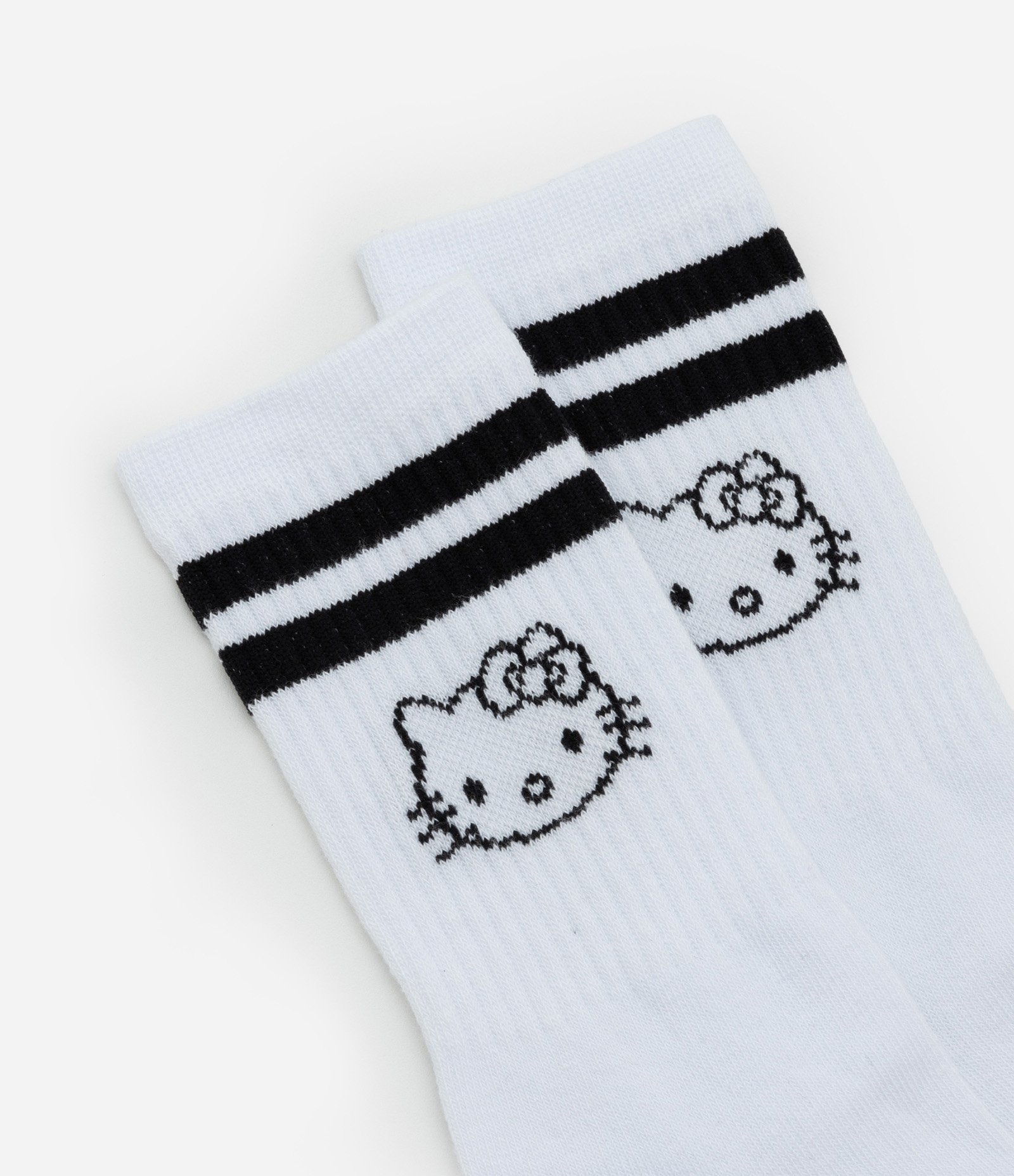 Meia Cano Alto Individual em Algodão Estampa Hello Kitty com Listras Branco