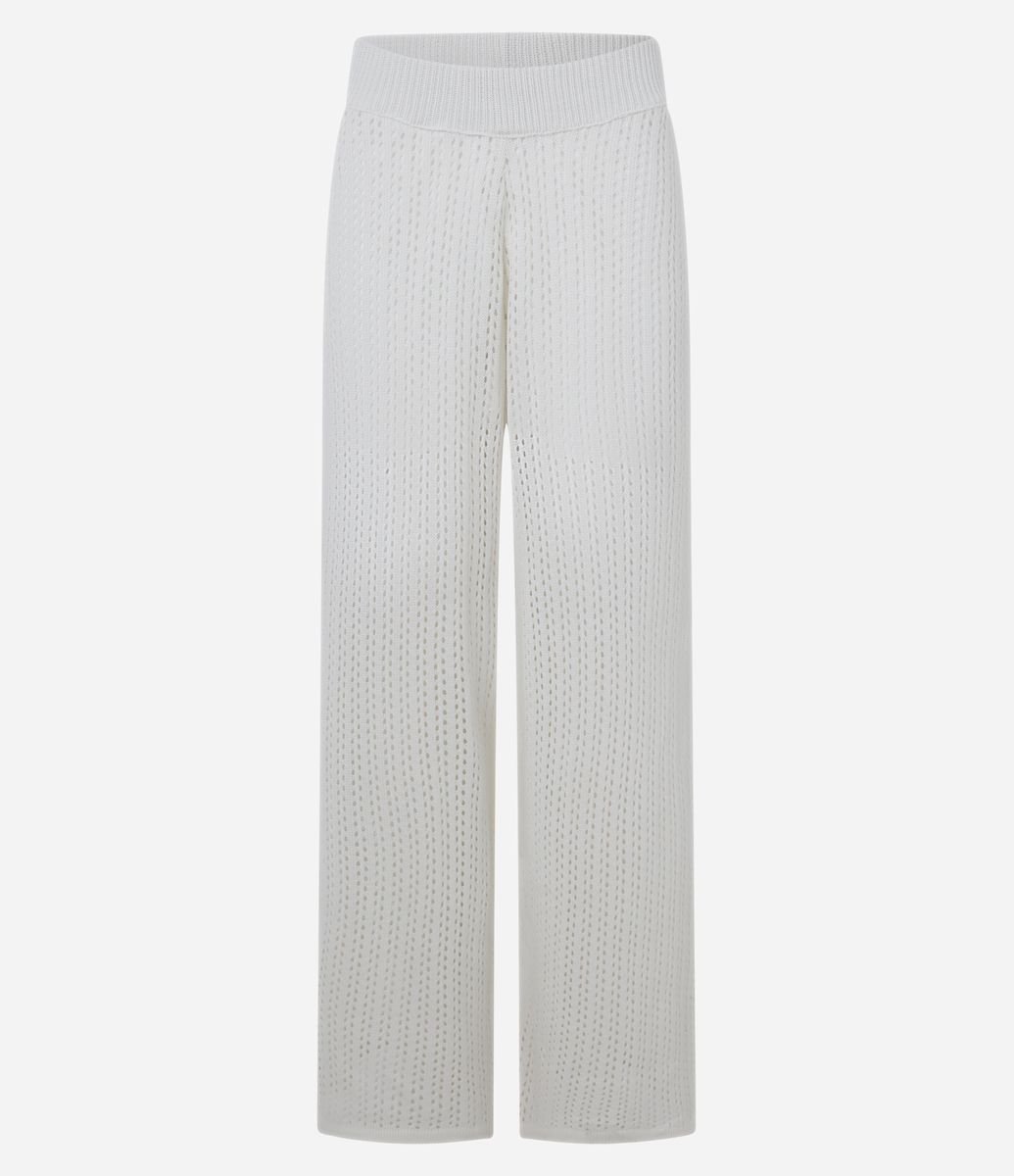 Calça Reta em Tricô com Cintura Alta e Ponto Aberto Branco
