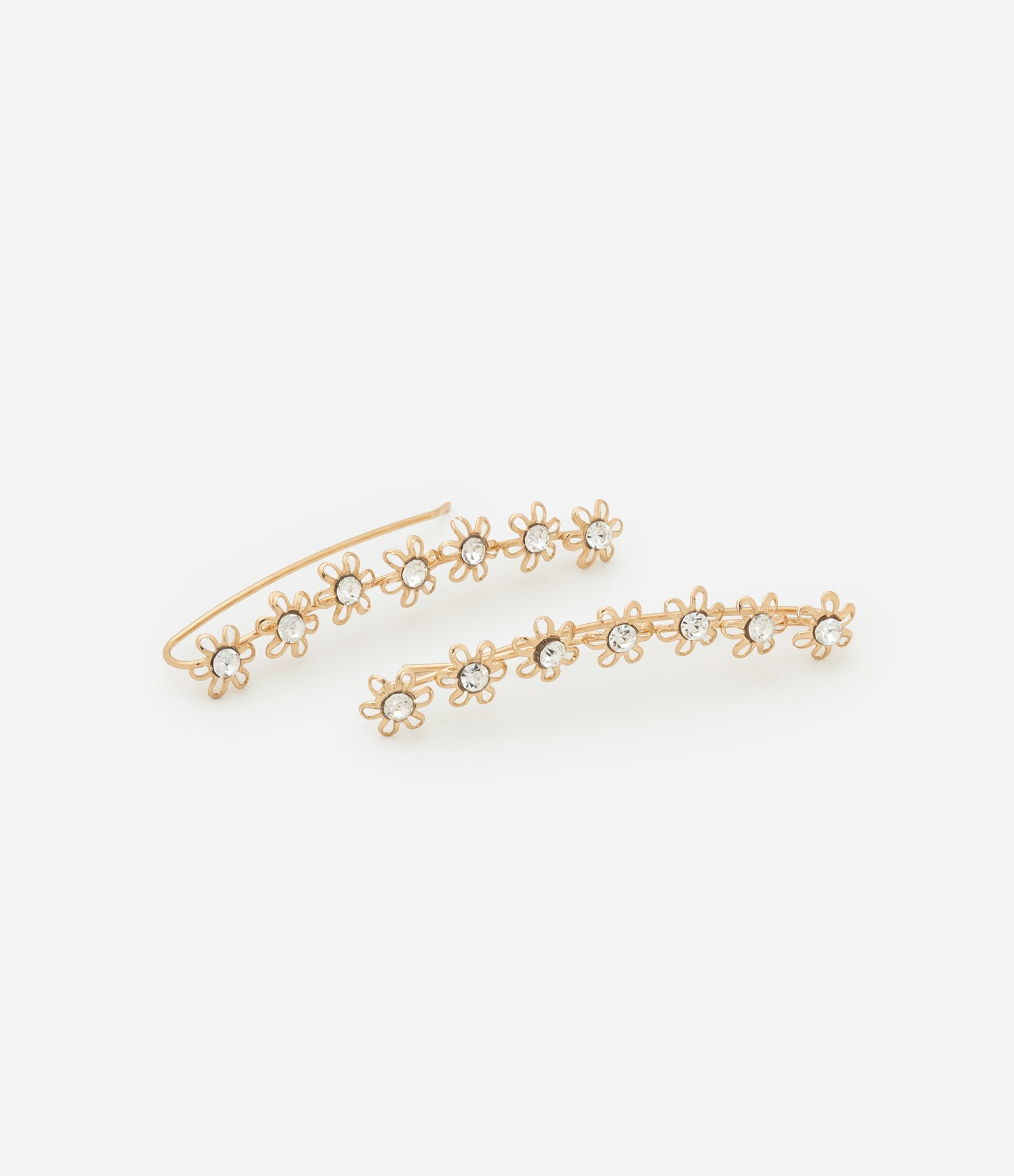 Brinco Ear Cuff com Flores e Miolos com Strass Dourado