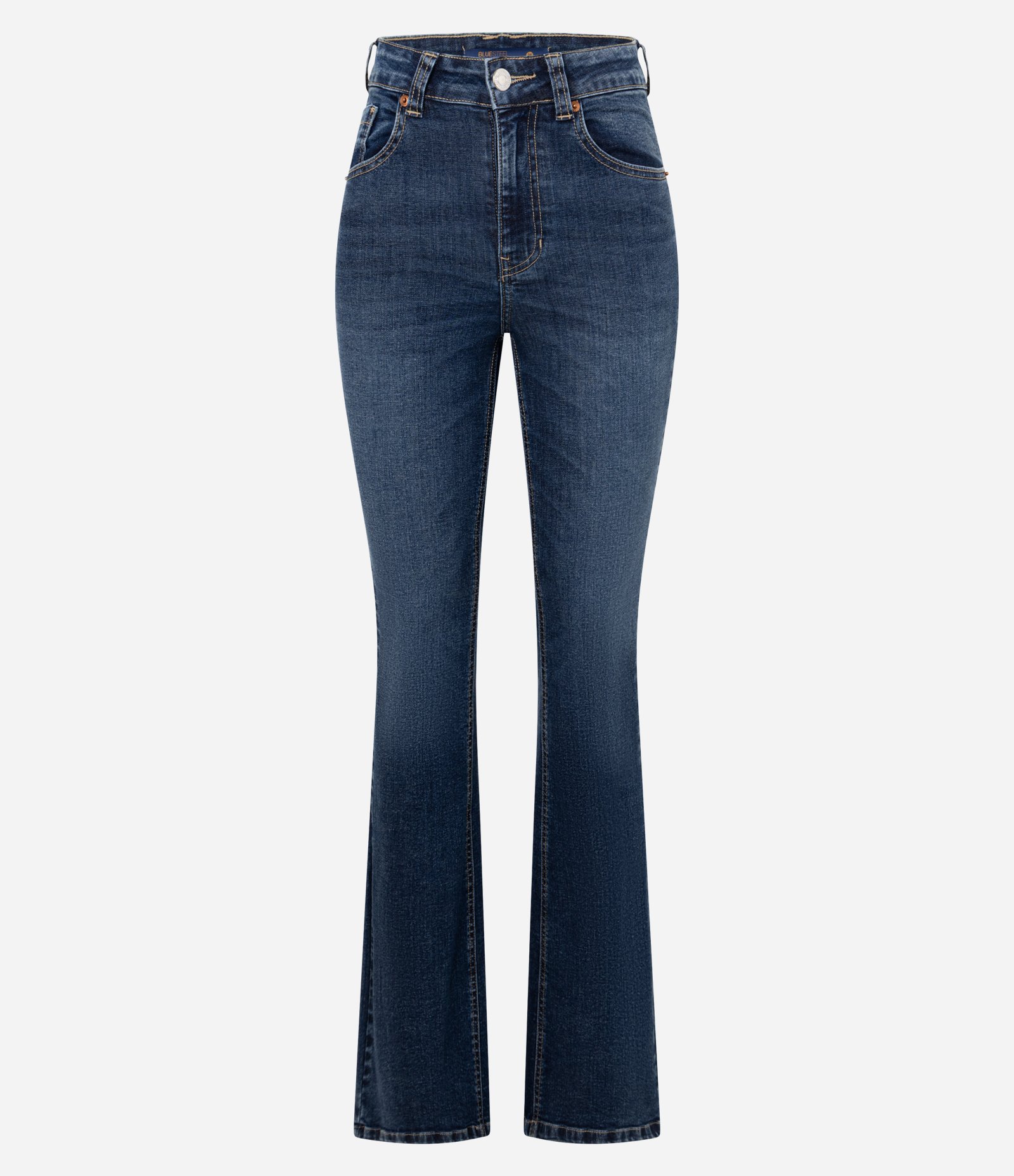 Calça Boot Cut em Jeans com Bolsos Lapela Azul Médio