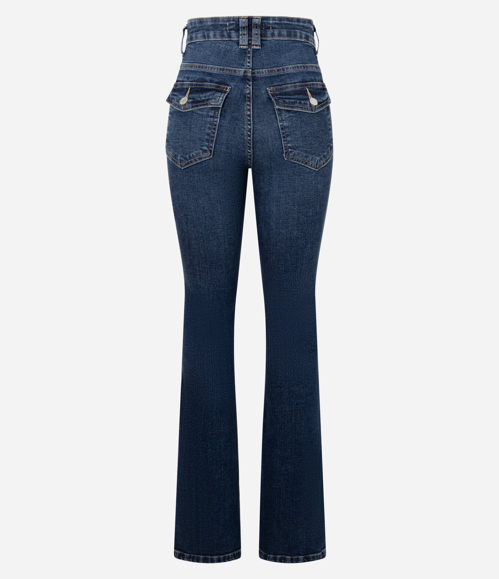 Calça Boot Cut em Jeans com Bolsos Lapela Azul Médio