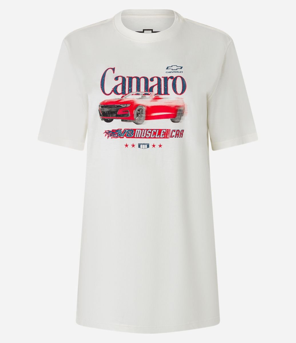 Camiseta Alongada em Algodão com Estampa Frente e Costas Camaro Branco ...