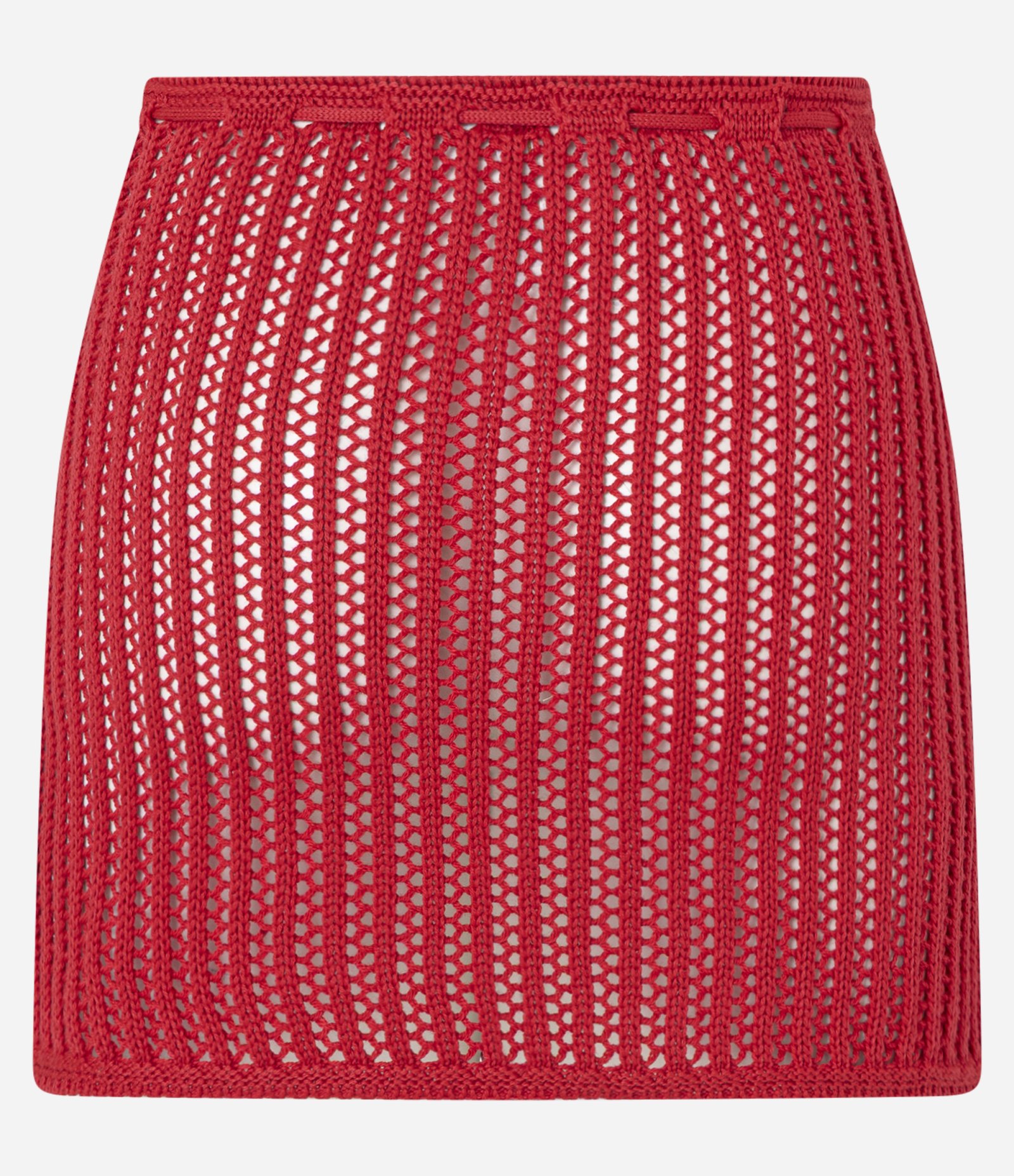 Saída de Praia Saia Efeito Crochê com Amarração e Tassel Vermelho