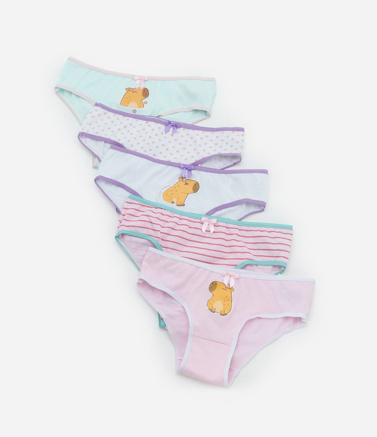 Kit 05 Calcinhas Infantis com Estampa Capivara - Tam 2 a 10 Anos Multicores