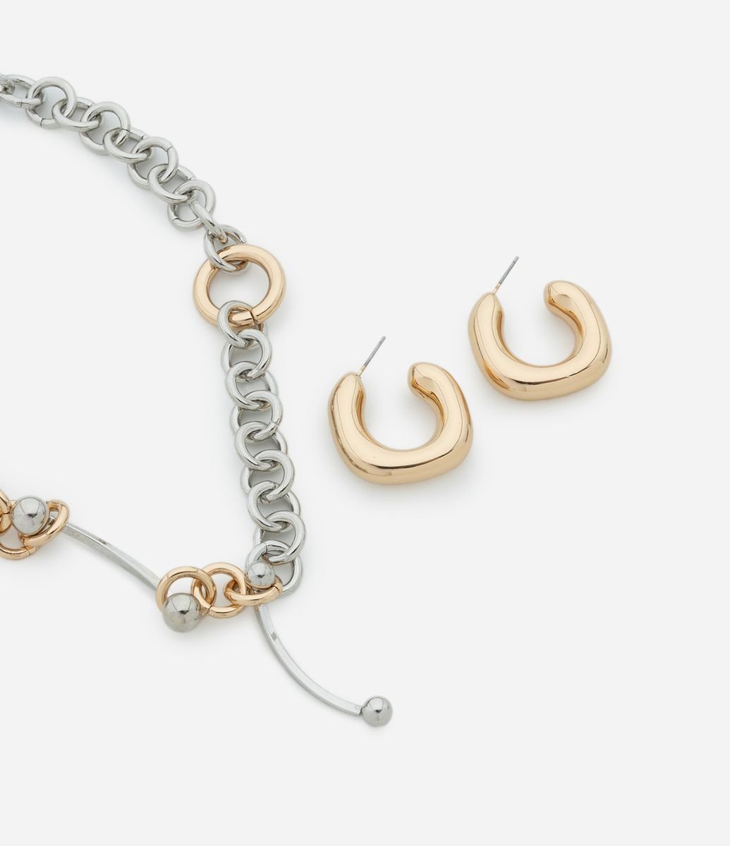 Conjunto de Colar Curto com Corrente de Elos Bicolor e Brinco Argola ...