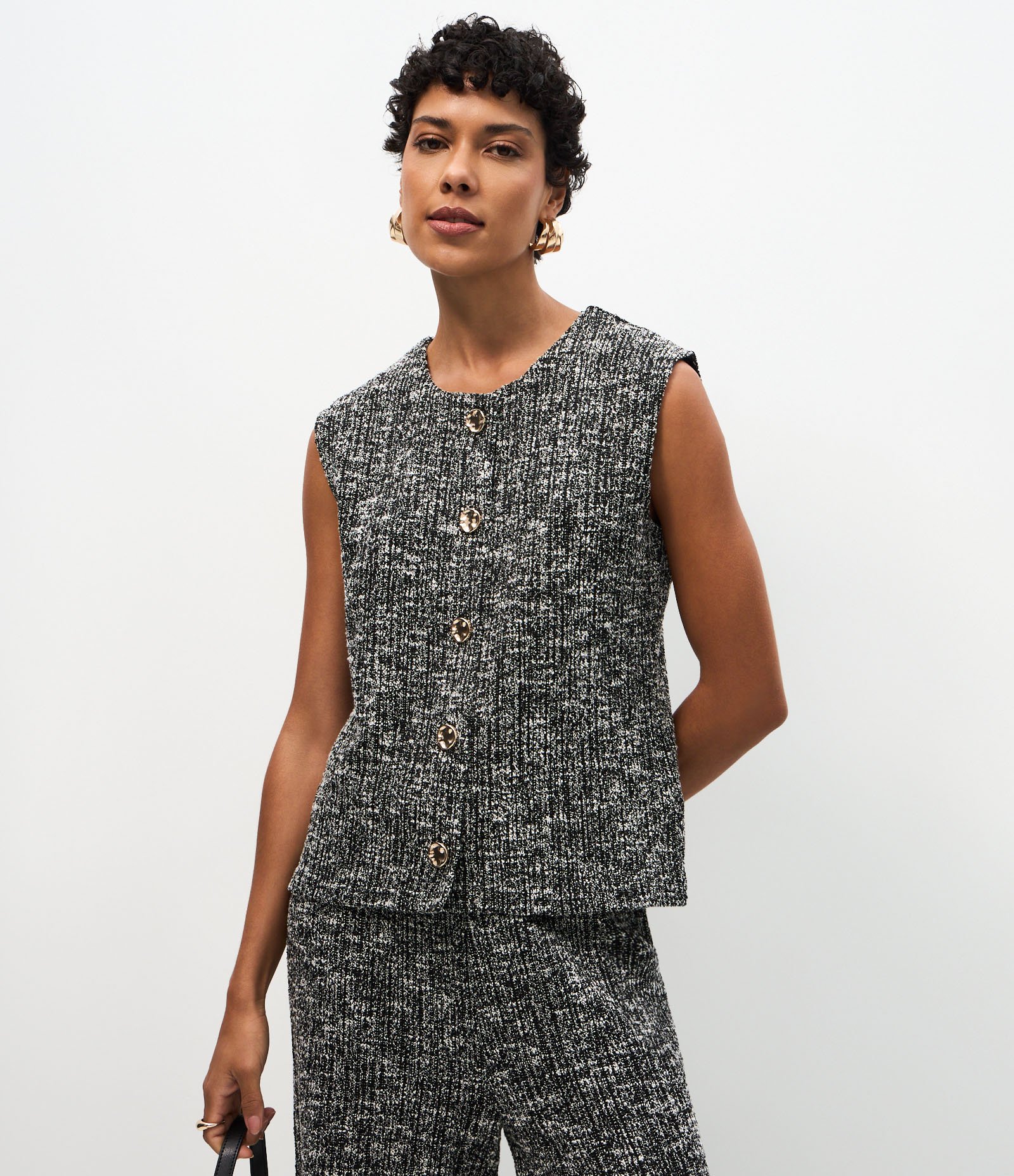Colete Regular em Tweed com Textura Mesclada Preto