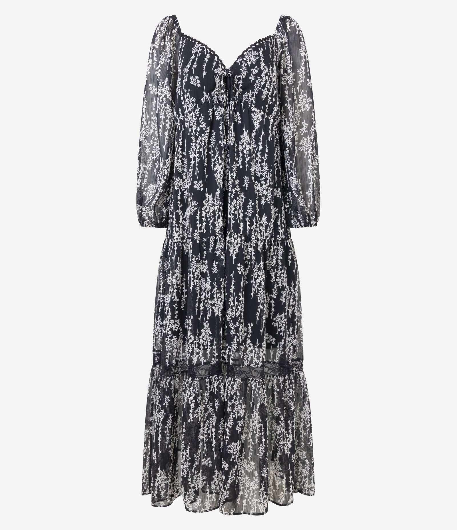 Vestido Evasê em Viscose com Estampa Floral e Decote V Preto