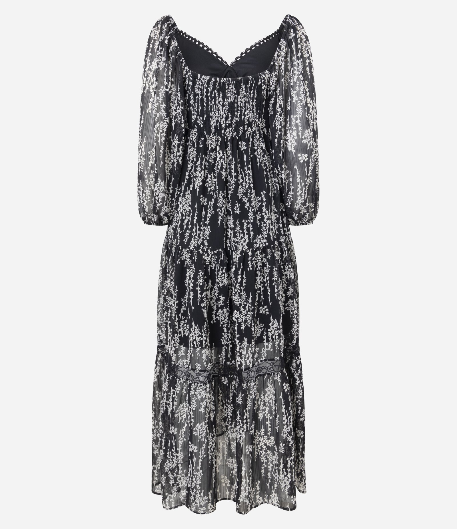 Vestido Evasê em Viscose com Estampa Floral e Decote V Preto