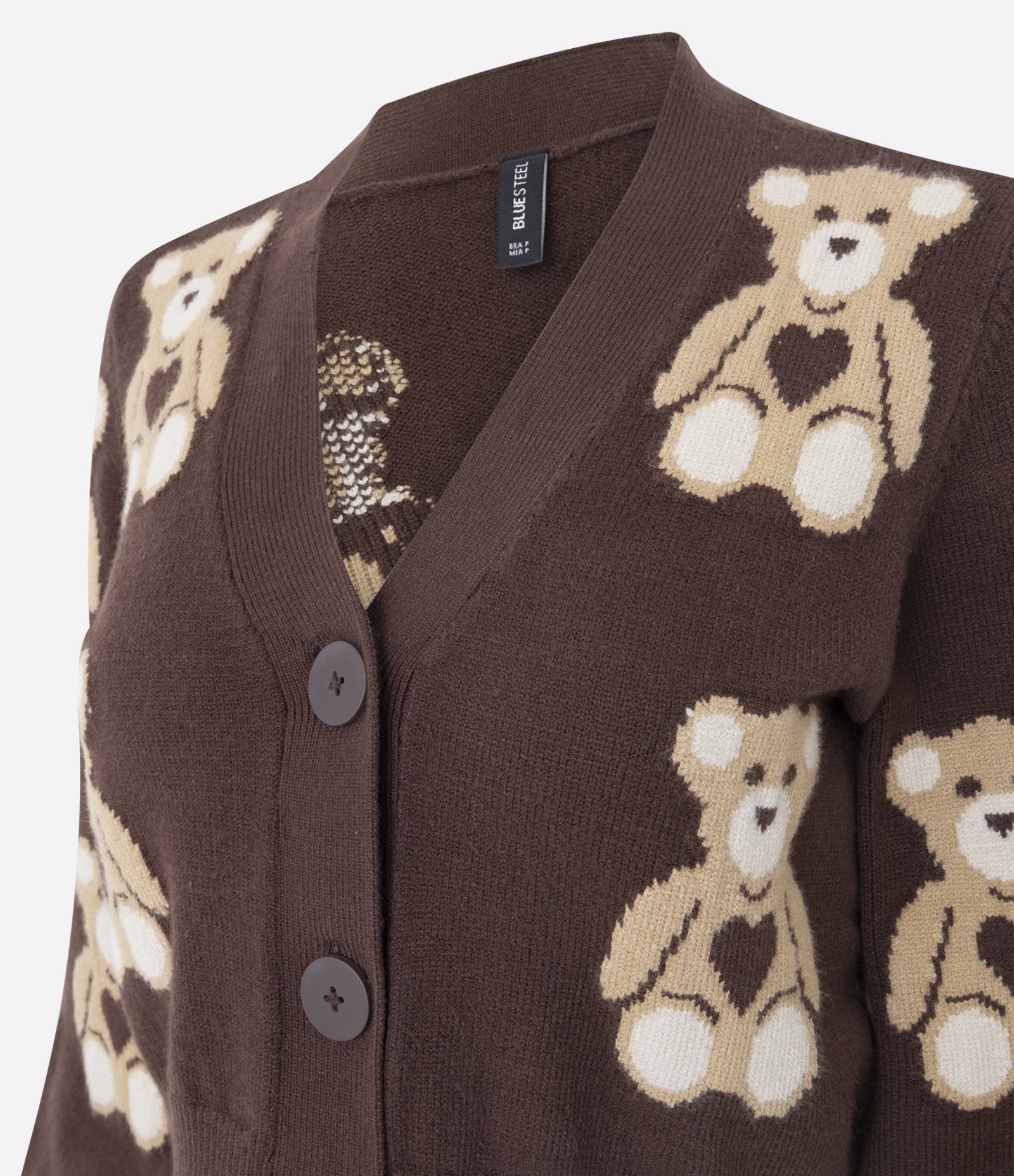 Cardigan Curto em Jacquard com Botões e Ursinhos em Repetição Marrom