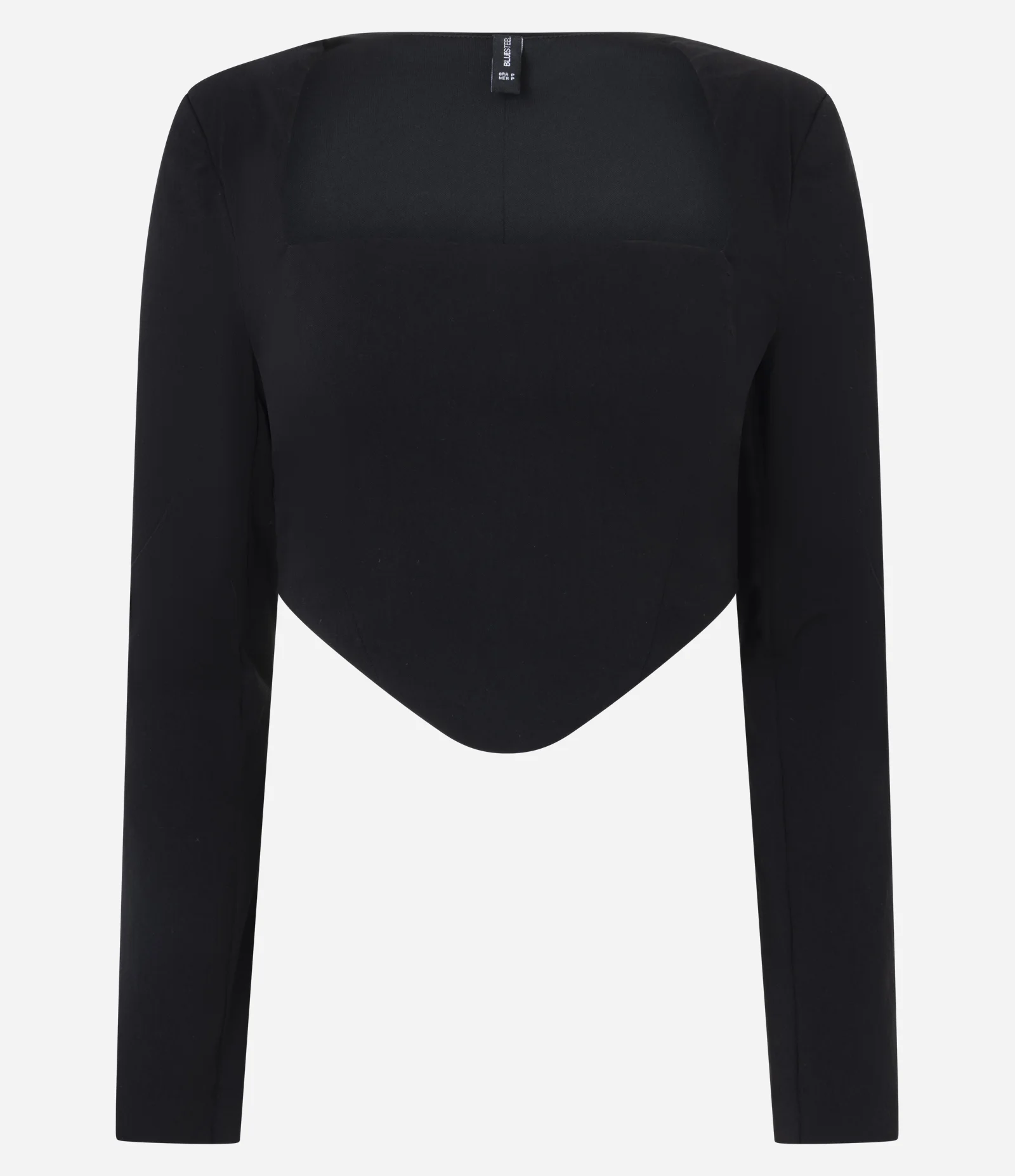 Blusa Manga Longa em Bengaline com Decote Quadrado e Barra em V Preto