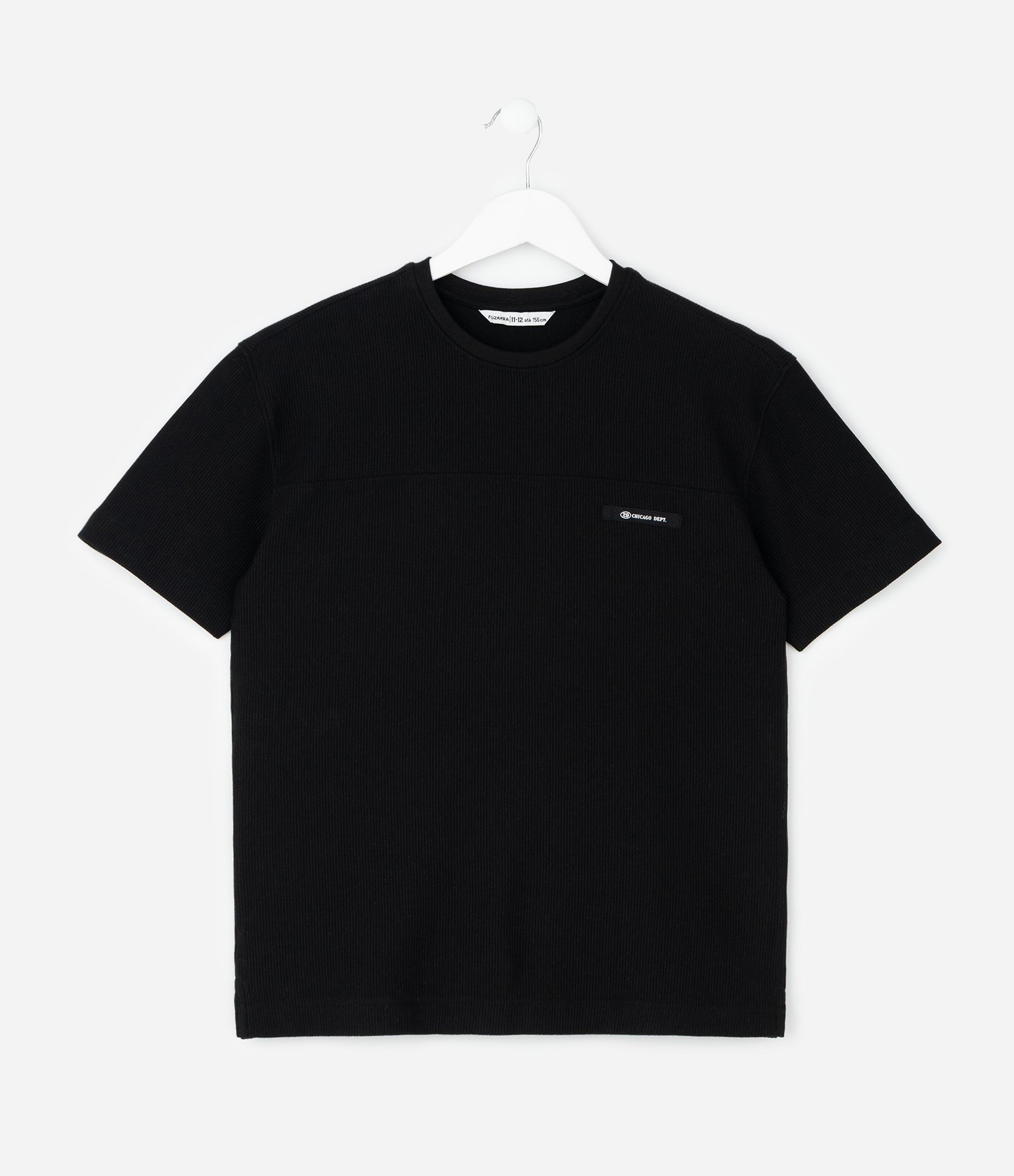 Camiseta Infantil Canelada com Etiqueta Aplicada - Tam 5 a 14 Anos Preto