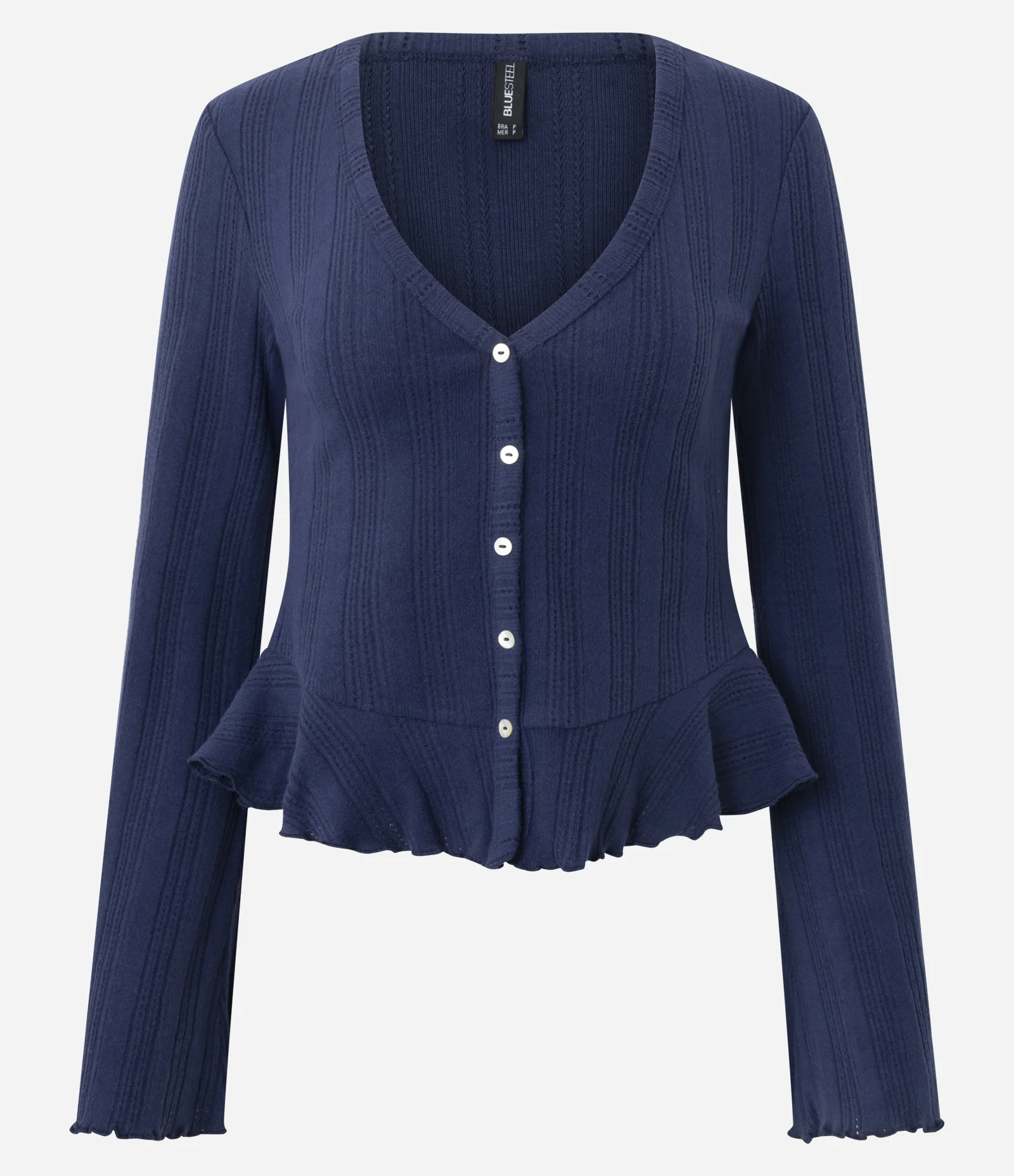 Blusa Peplum em Tricô Texturizado com Abotoamento Azul