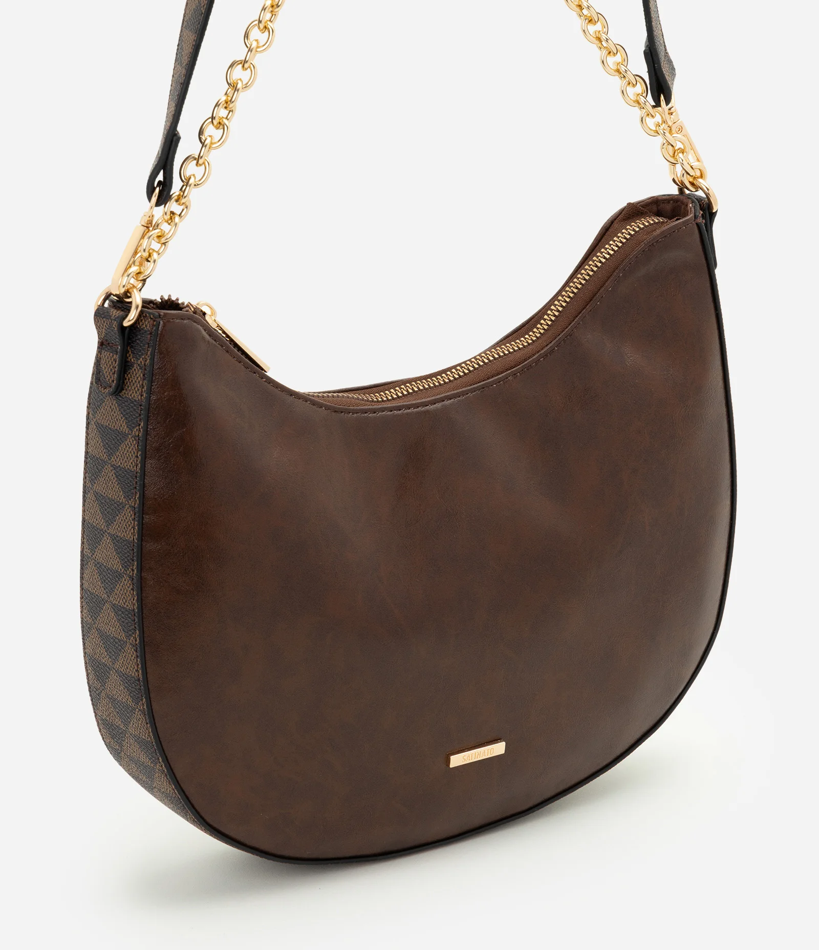 Bolsa Shoulder Média em PU com Corrente Metálica Marrom