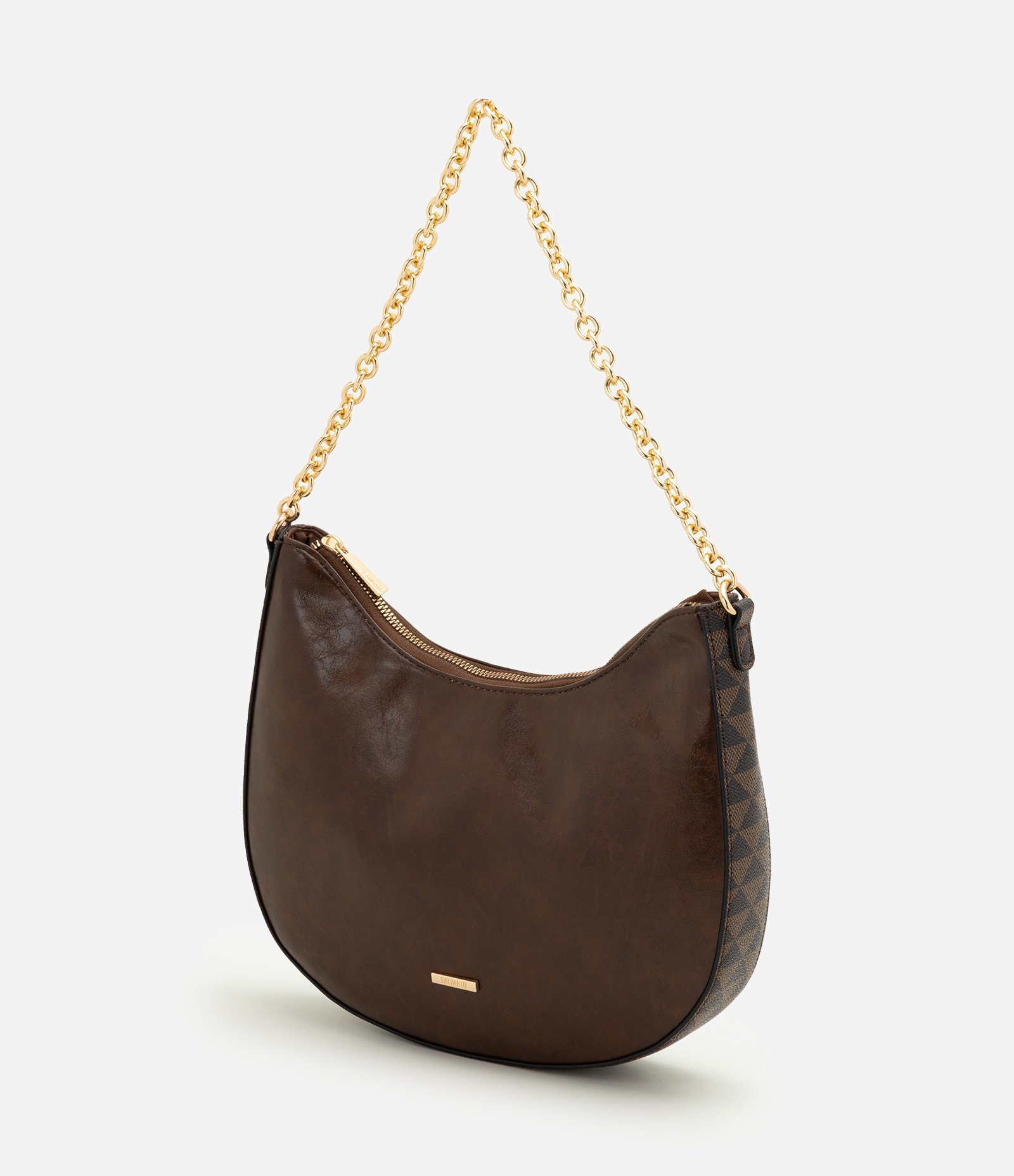 Bolsa Shoulder Média em PU com Corrente Metálica Marrom