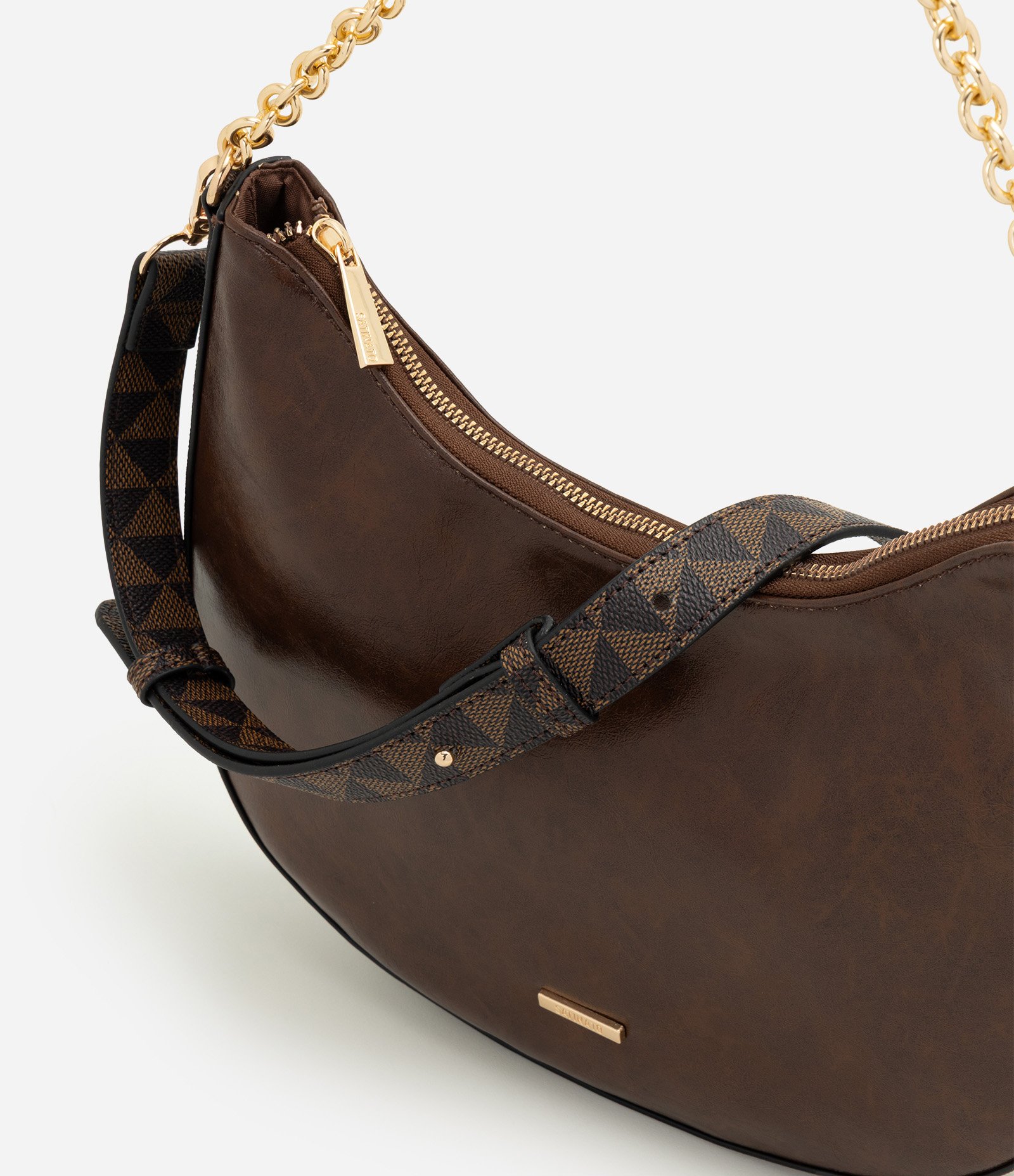 Bolsa Shoulder Média em PU com Corrente Metálica Marrom