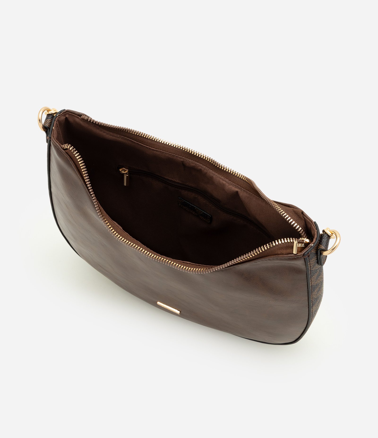 Bolsa Shoulder Média em PU com Corrente Metálica Marrom