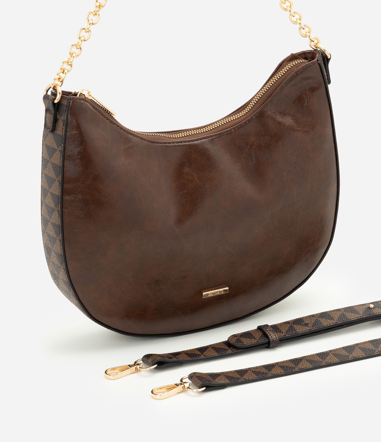 Bolsa Shoulder Média em PU com Corrente Metálica Marrom