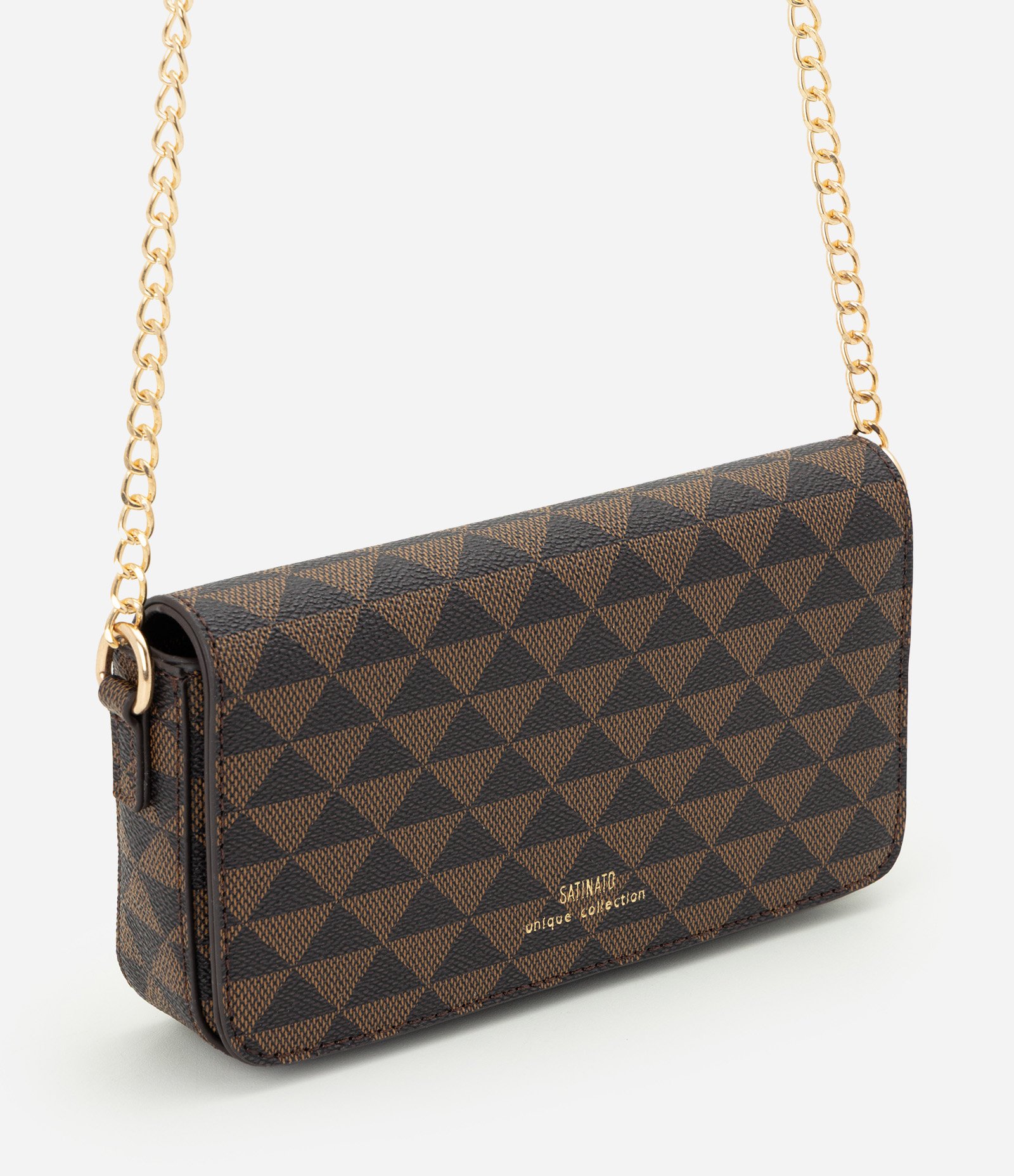 Bolsa Transversal Pequena em PU com Estampa Triângulos Marrom