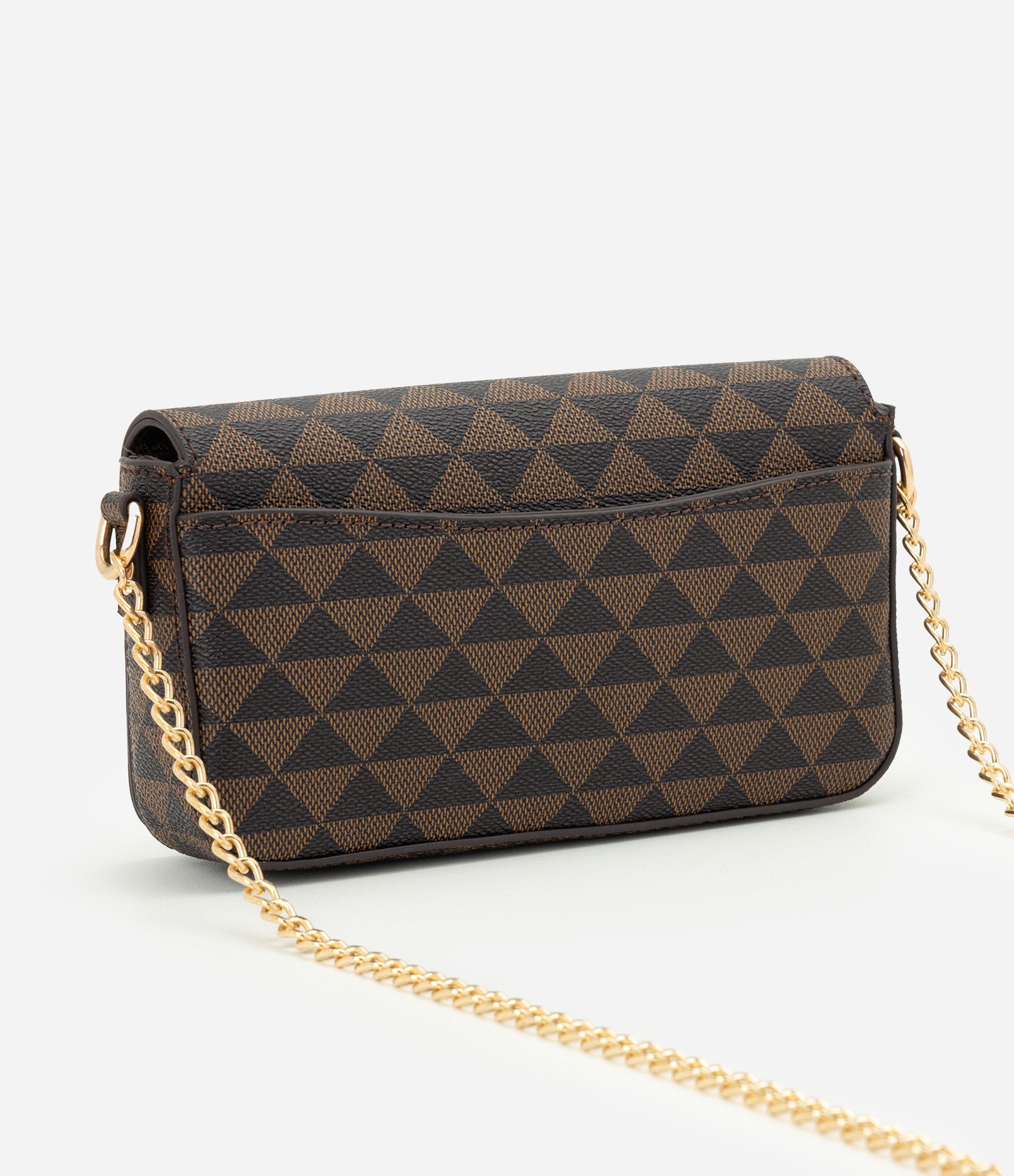 Bolsa Transversal Pequena em PU com Estampa Triângulos Marrom