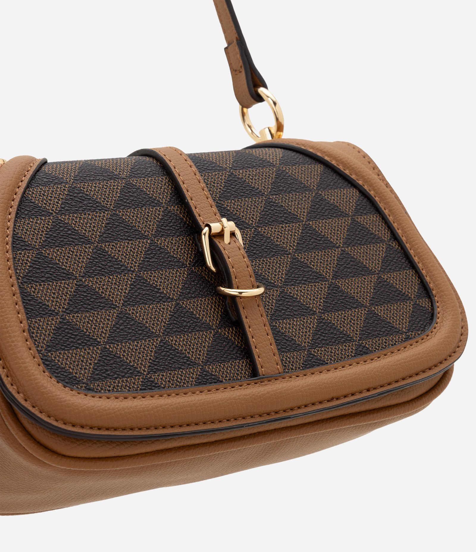 Bolsa Transversal Pequena em PU com Estampa Triângulos Marrom