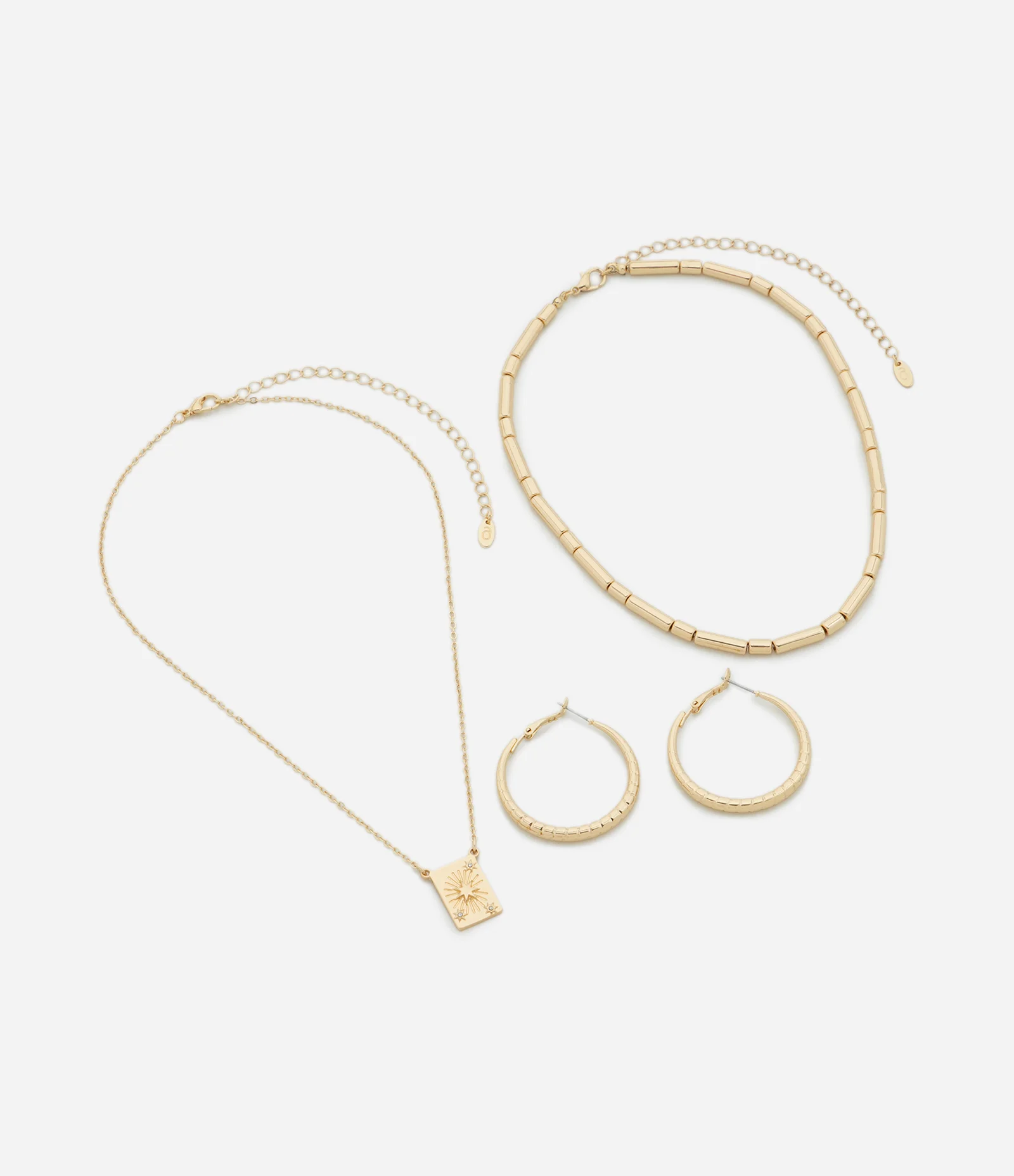 Conjunto de Colar Camadas e Brincos Argola em Metal Dourado