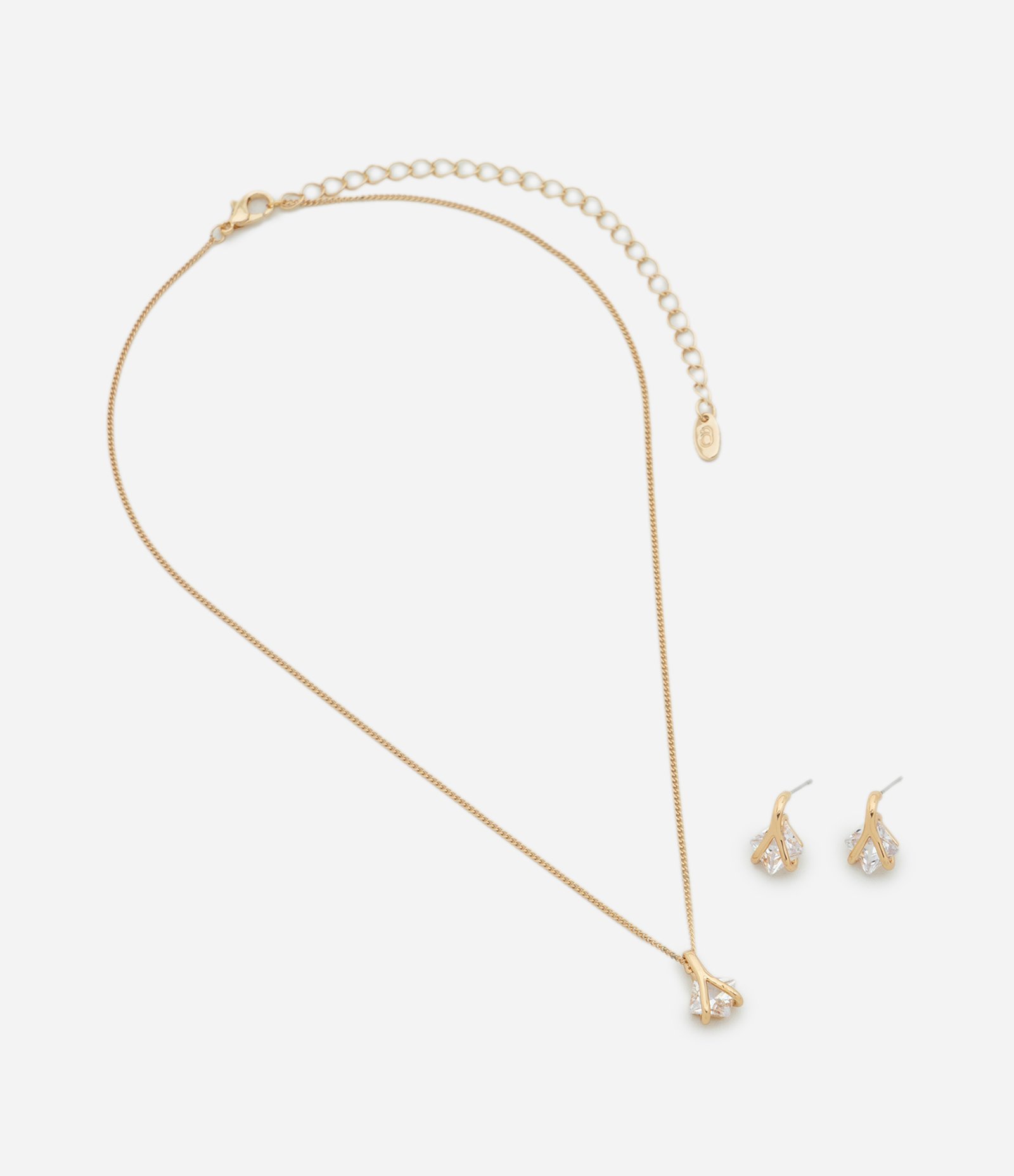 Conjunto de Colar e Brincos com Pingente de Pedra Brilhante Dourado
