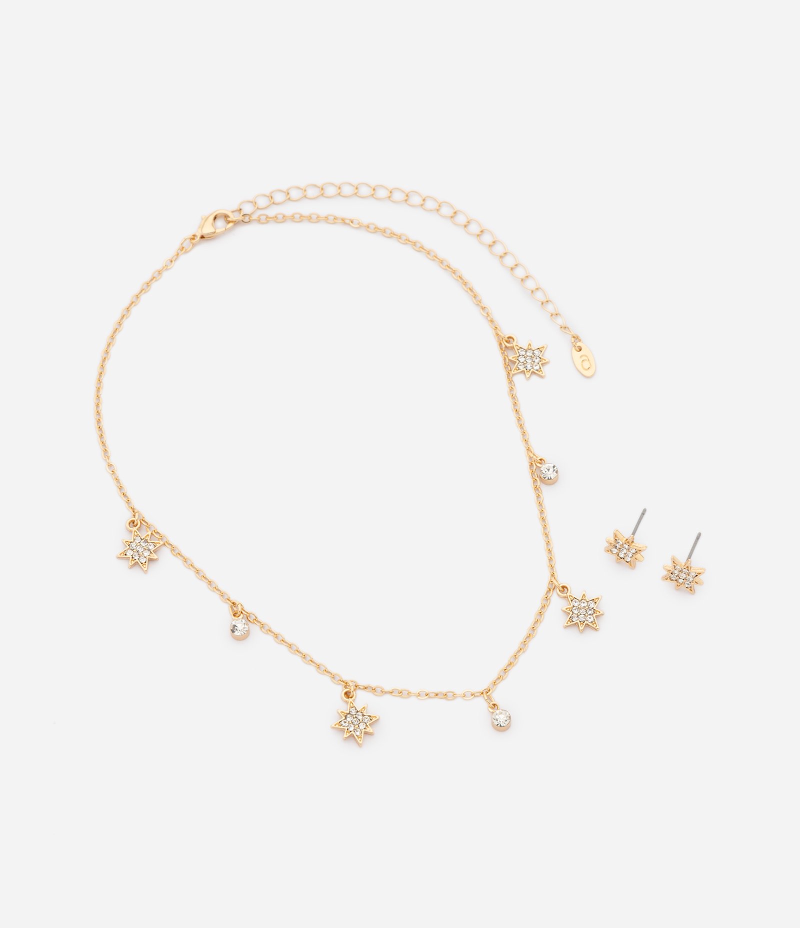 Conjunto de Colar e Brincos com Pingentes de Estrela Dourado