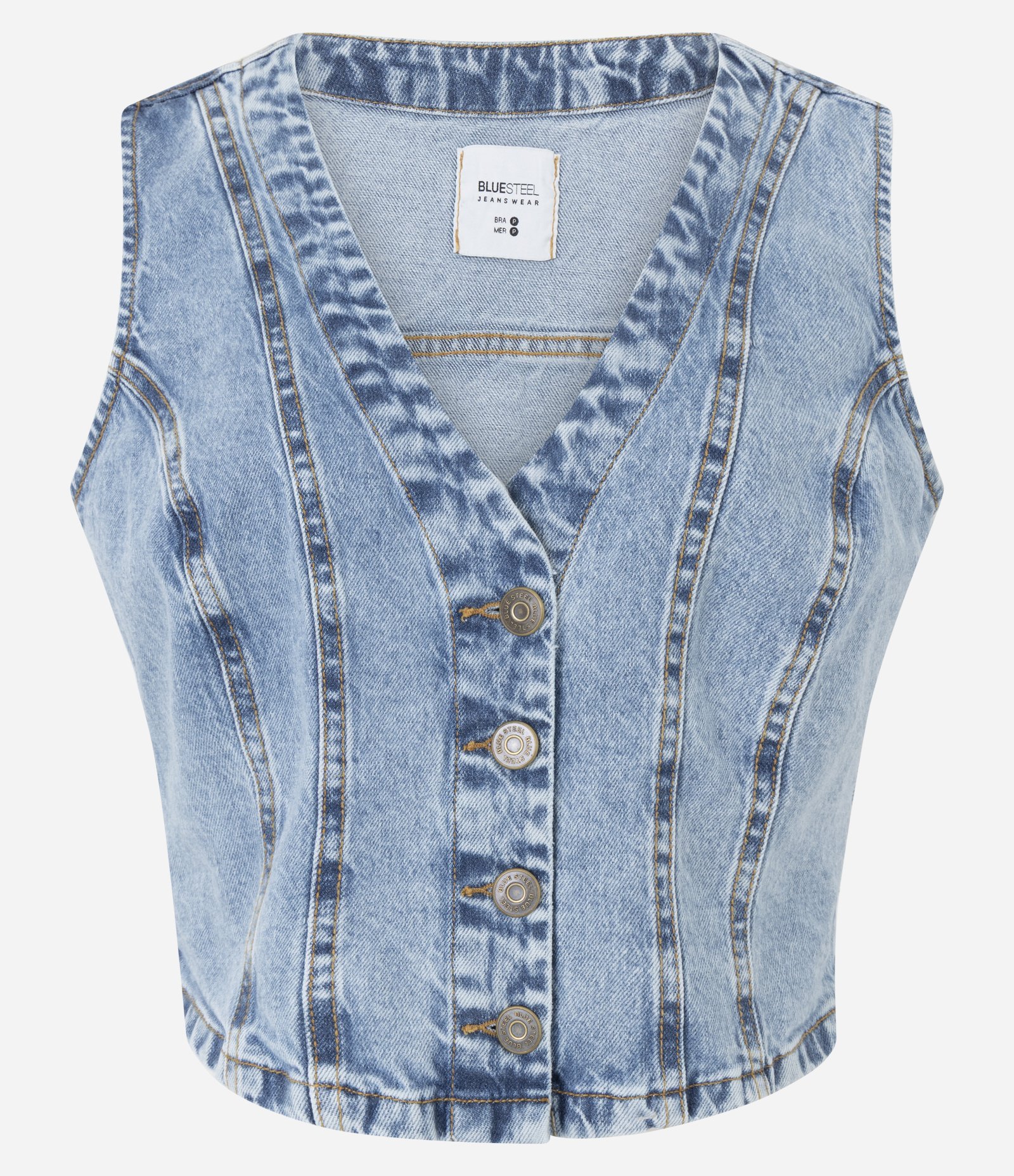Colete em Jeans com Recortes e Botões Blue Jeans Claro