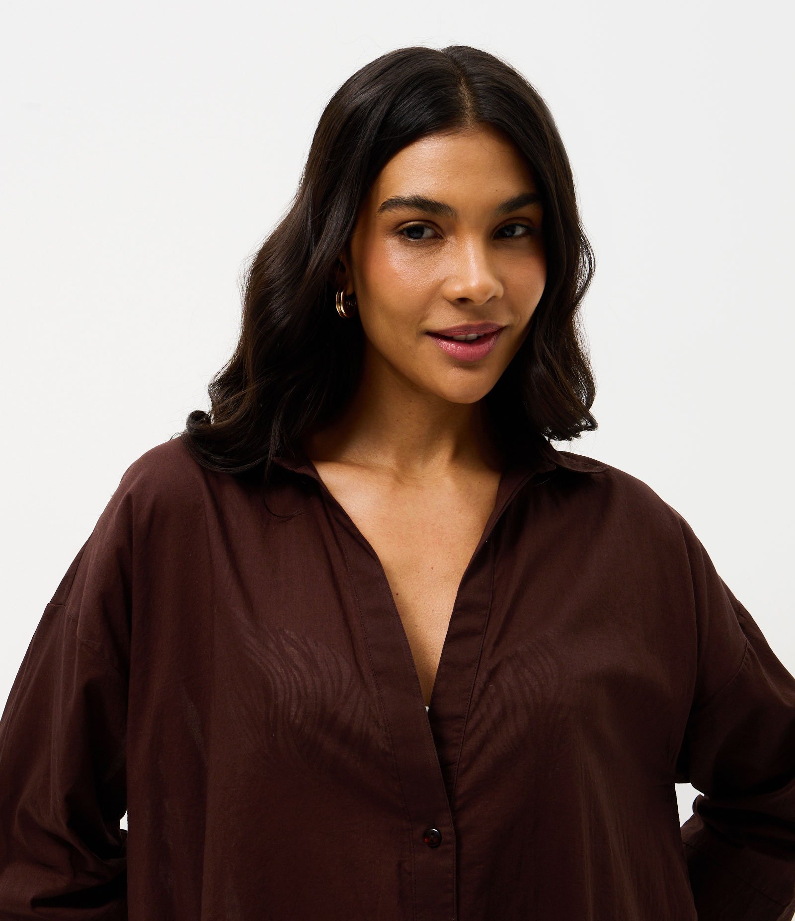 Saída de Praia Chemise em Cotton com Manga 3/4 Marrom