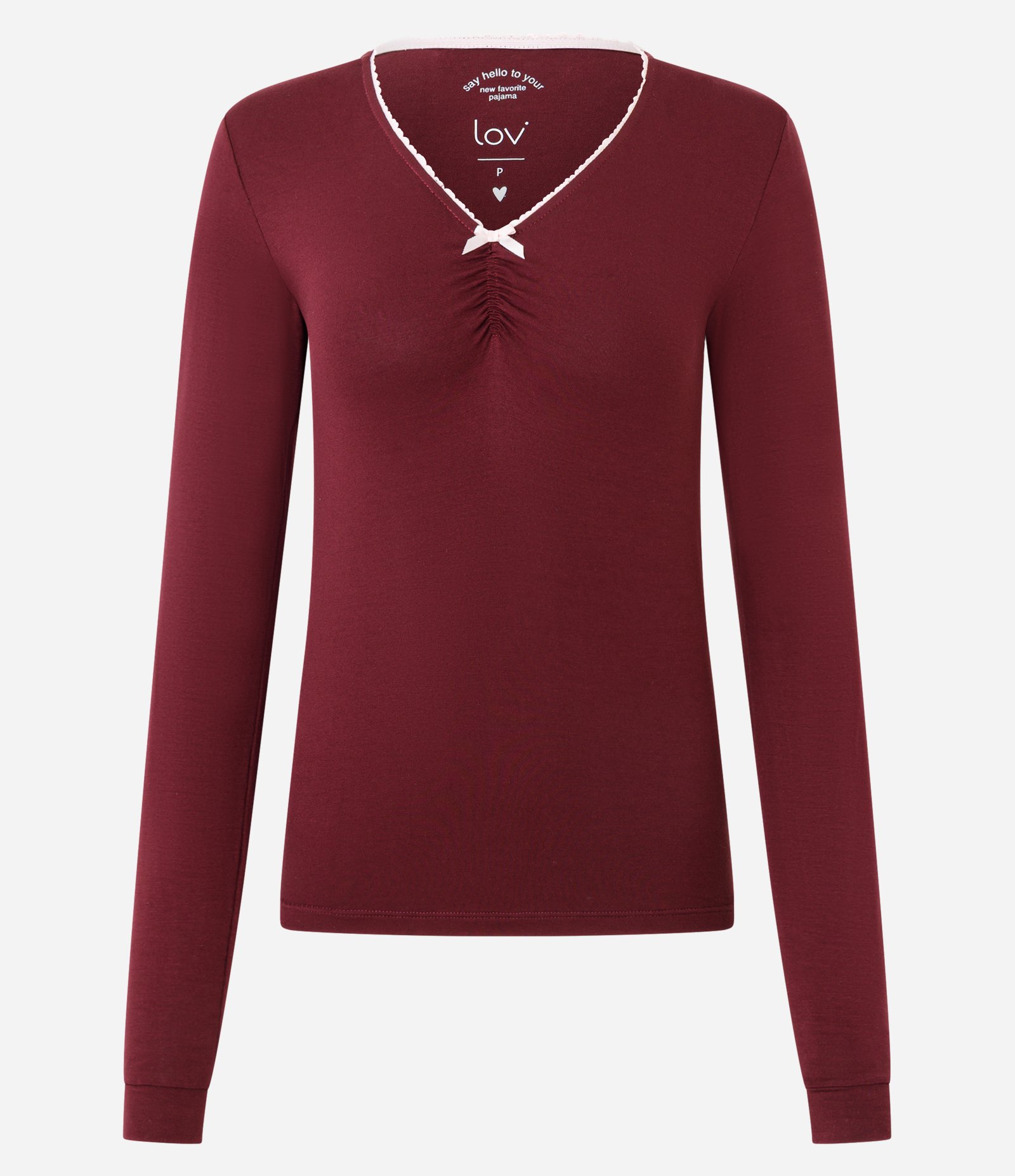 Blusa de Pijama Longa em Viscolycra com Decote V e Laço Vinho