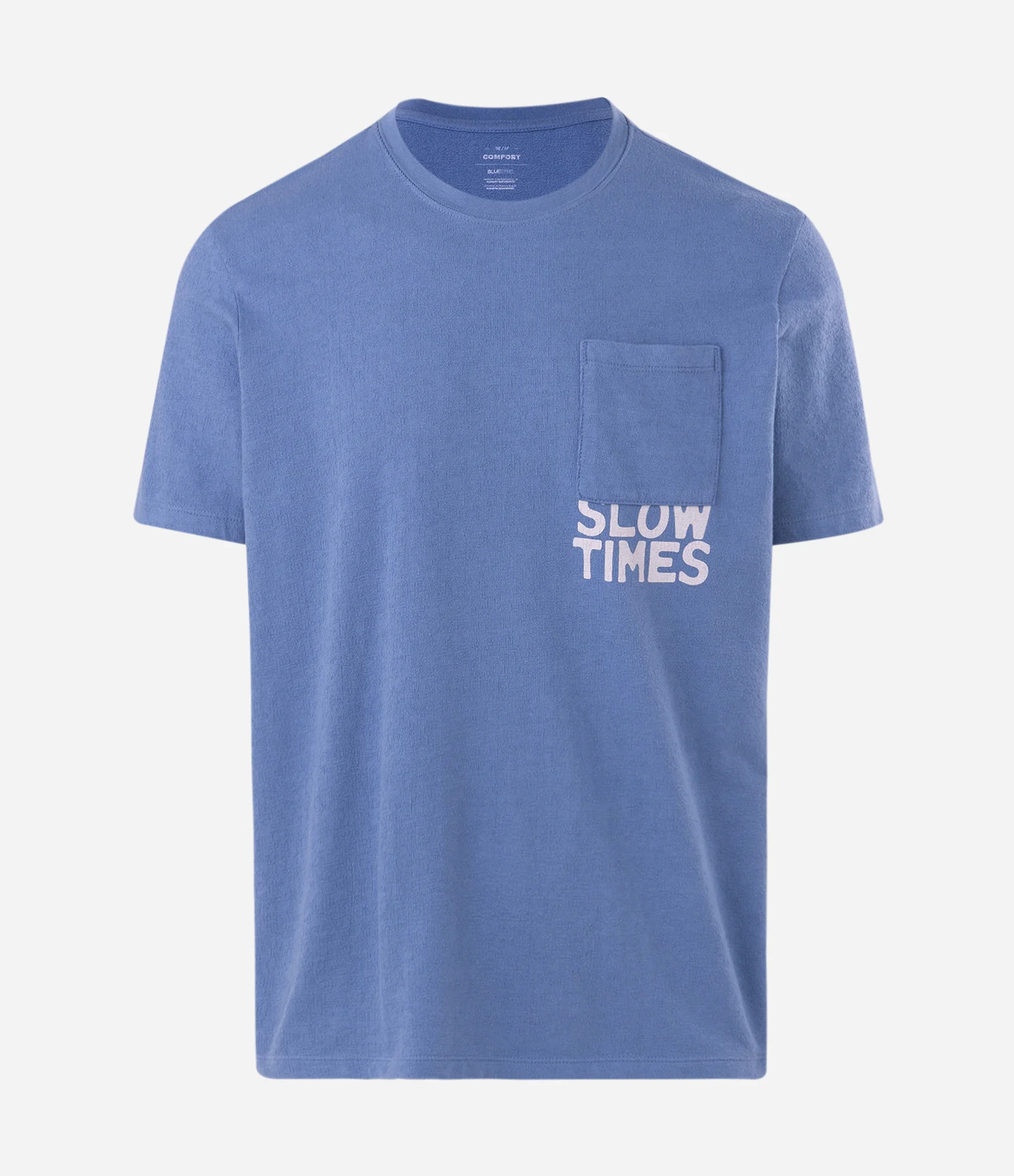Camiseta Manga Curta com Bolso e Lettering Slow Times Azul