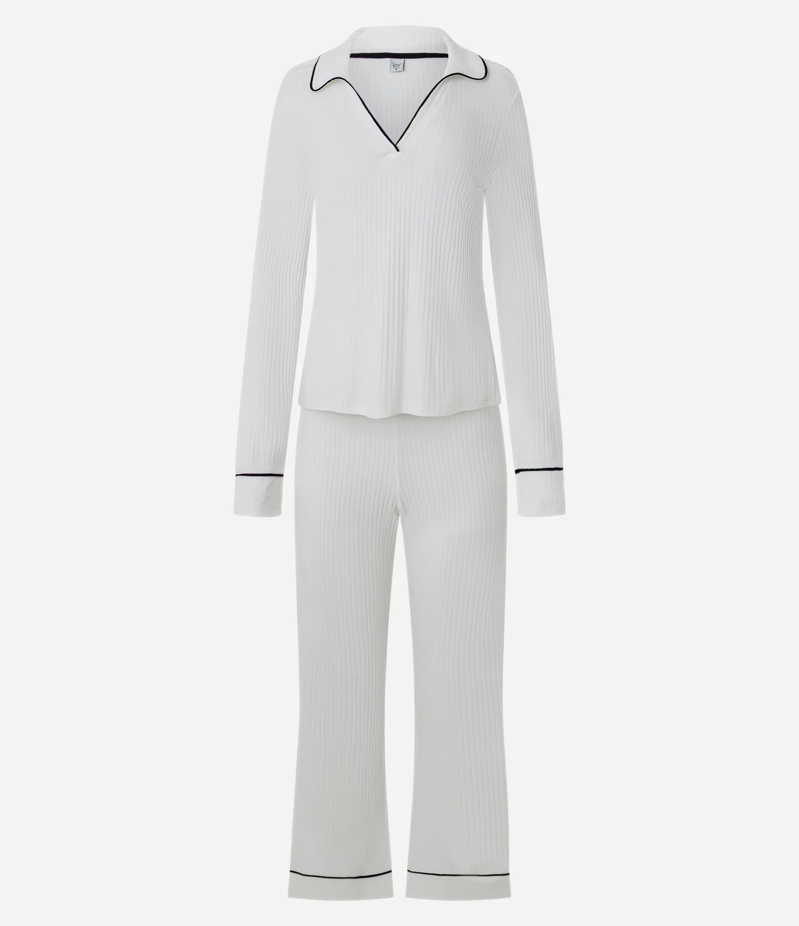 Pijama Longo em Ribana com Viés Contrastantes Branco
