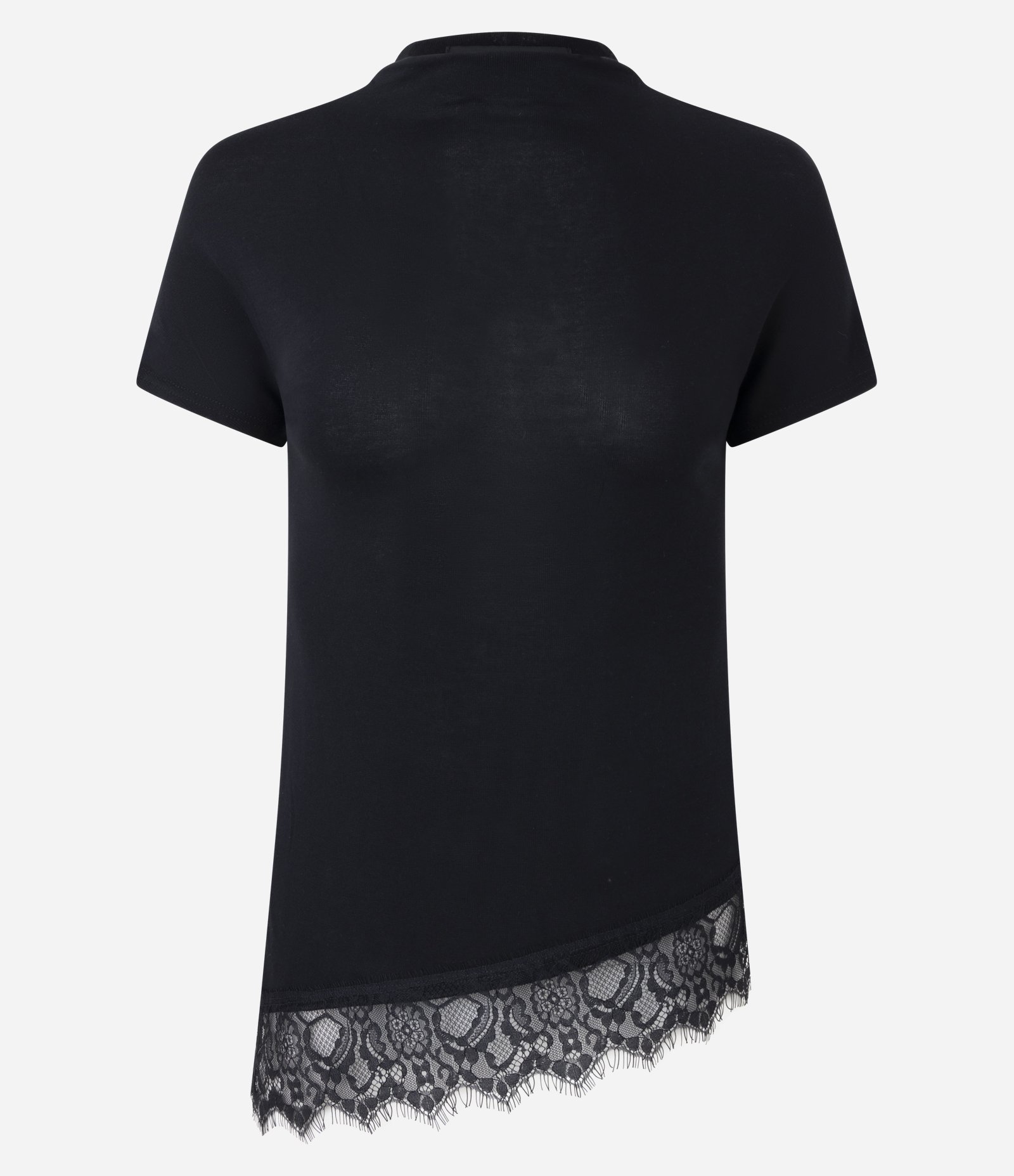 Blusa Manga Curta em Viscose com Gola Alta e Barra Rendada Preto
