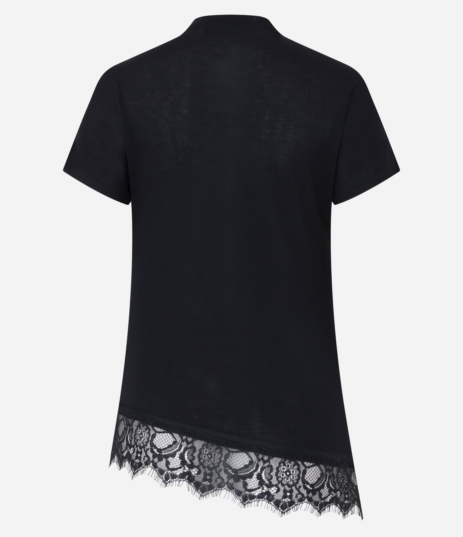 Blusa Manga Curta em Viscose com Gola Alta e Barra Rendada Preto