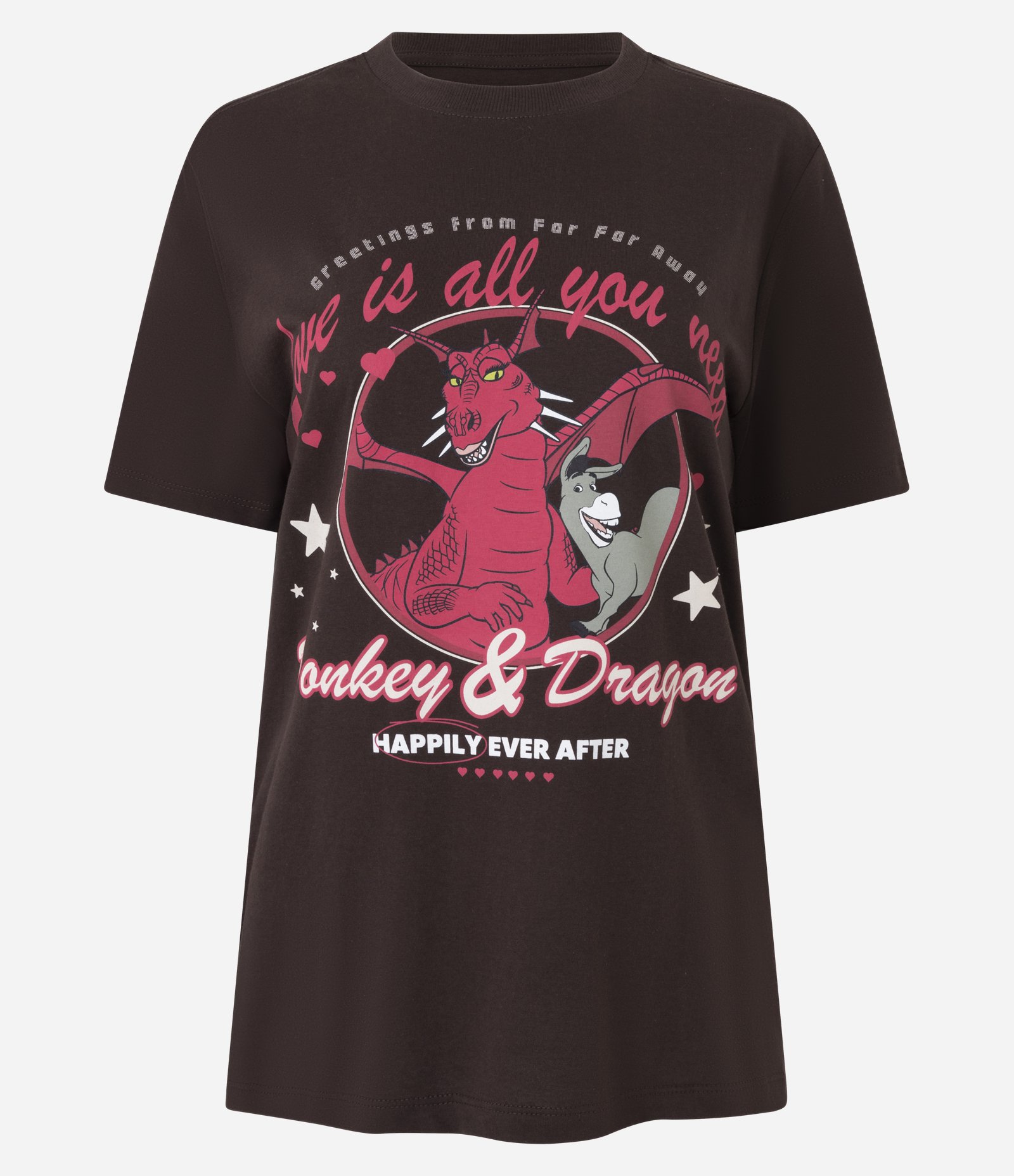 Camiseta em Algodão com Estampa Burro e Dragão Casal Shrek Marrom Escuro