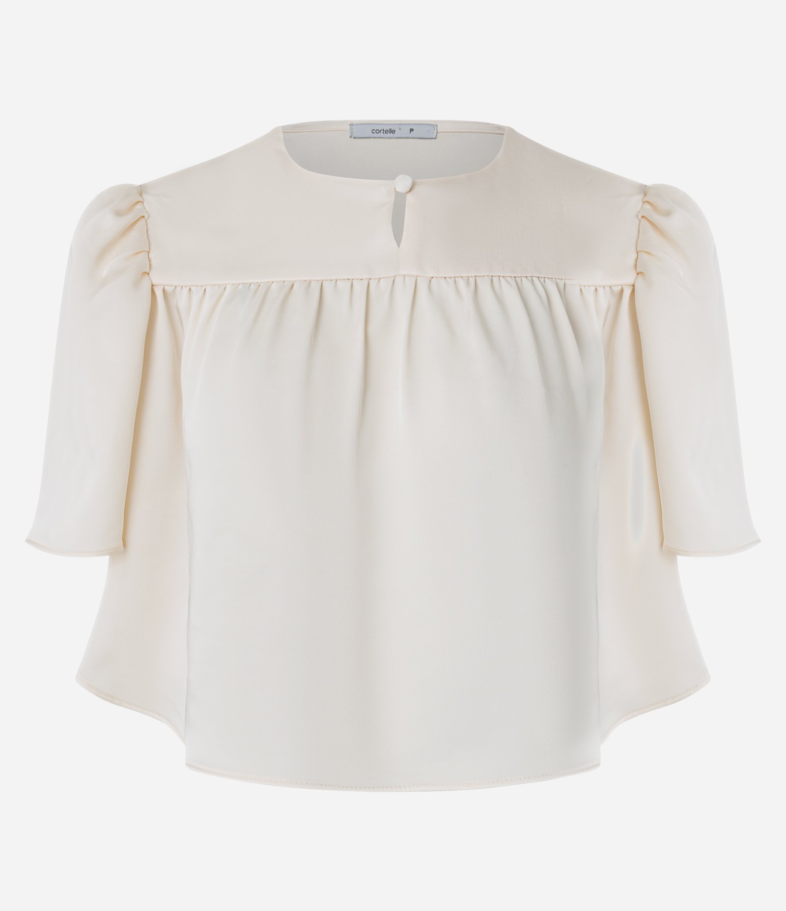 Blusa Cropped Acetinada com Ombreira Off White