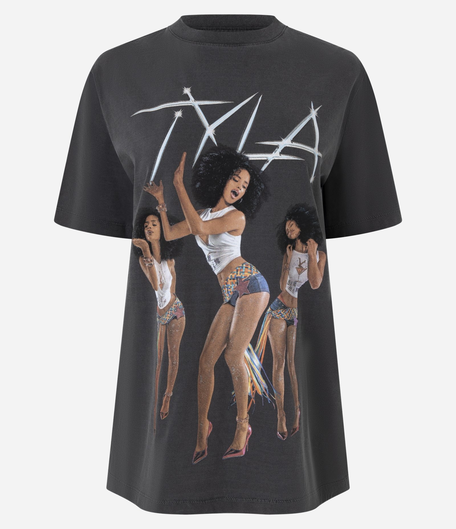 Camiseta em Algodão com Estampa Tyla e Efeito Lavado Preto