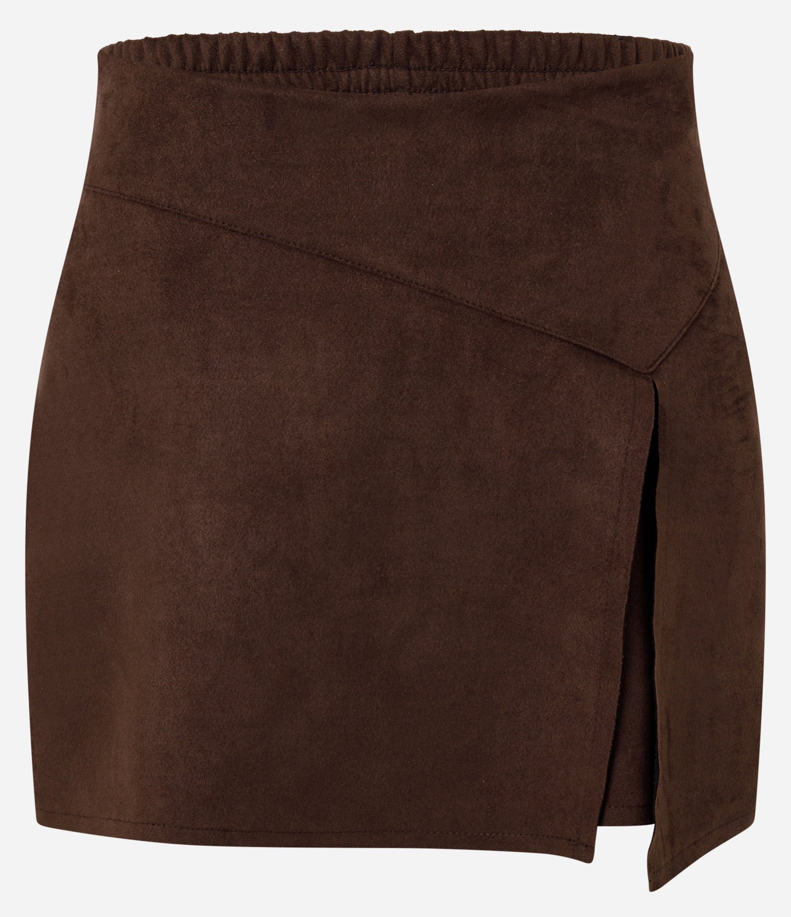 Short Saia em Suede com Recorte Assimétrico e Fenda Marrom